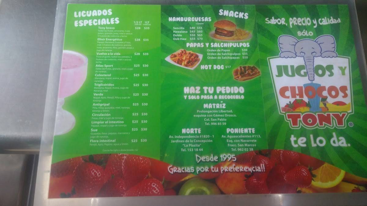 Carta del pub y bar Jugos Y Chocos Tony, Aguascalientes, Aguascalientes ...
