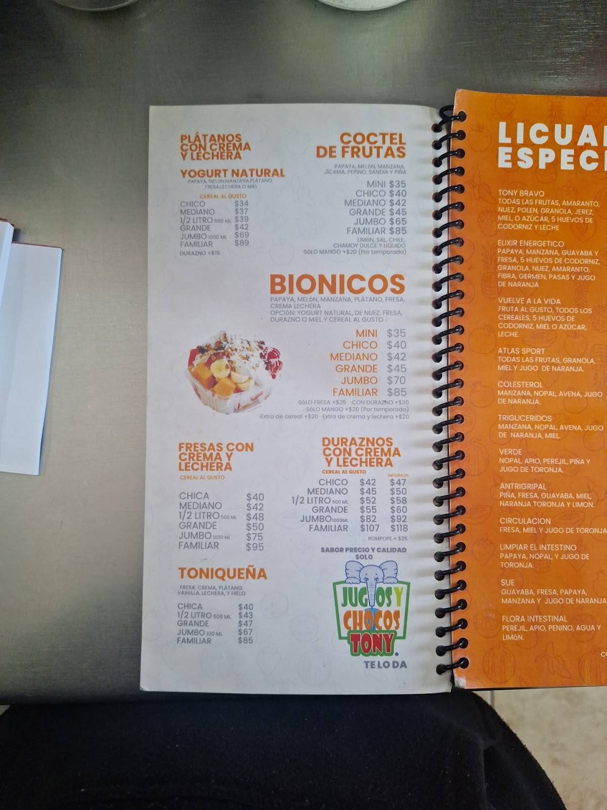 Carta del pub y bar Jugos Y Chocos Tony, Aguascalientes, Aguascalientes ...