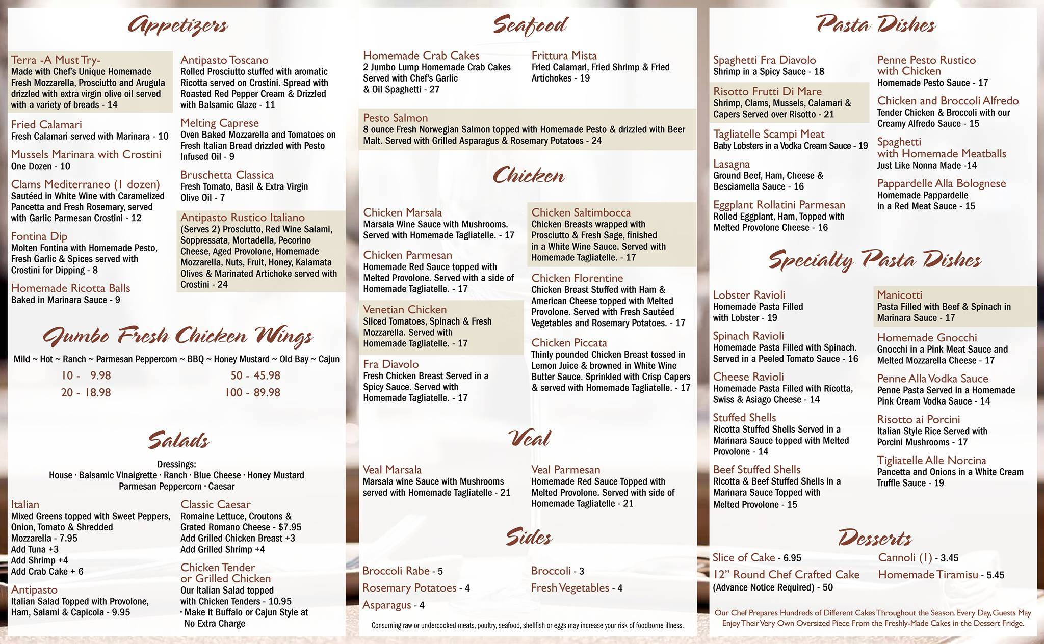 Menu at Juliana's restaurant, Sinking Spring