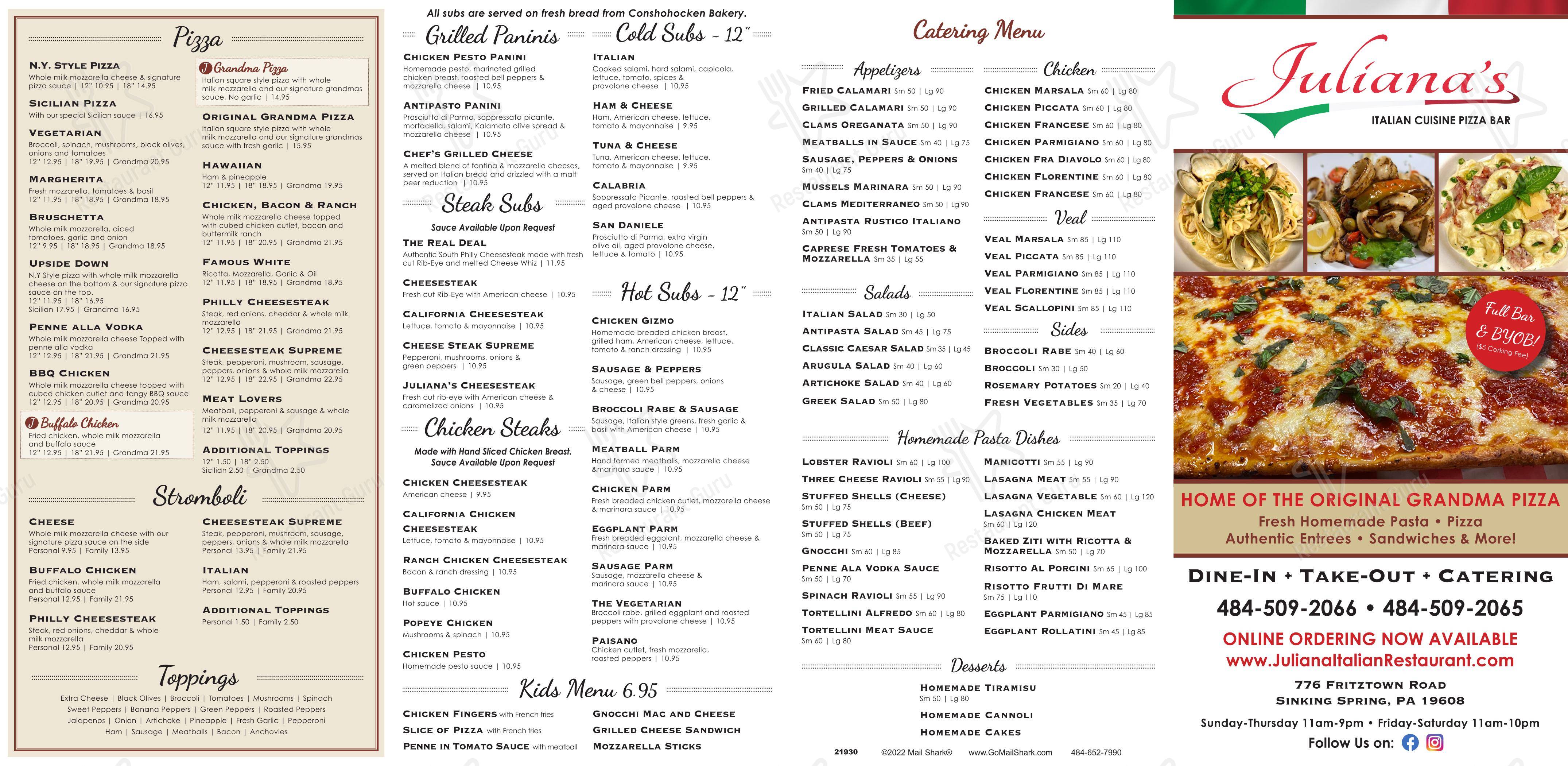 Menu at Juliana's restaurant, Sinking Spring