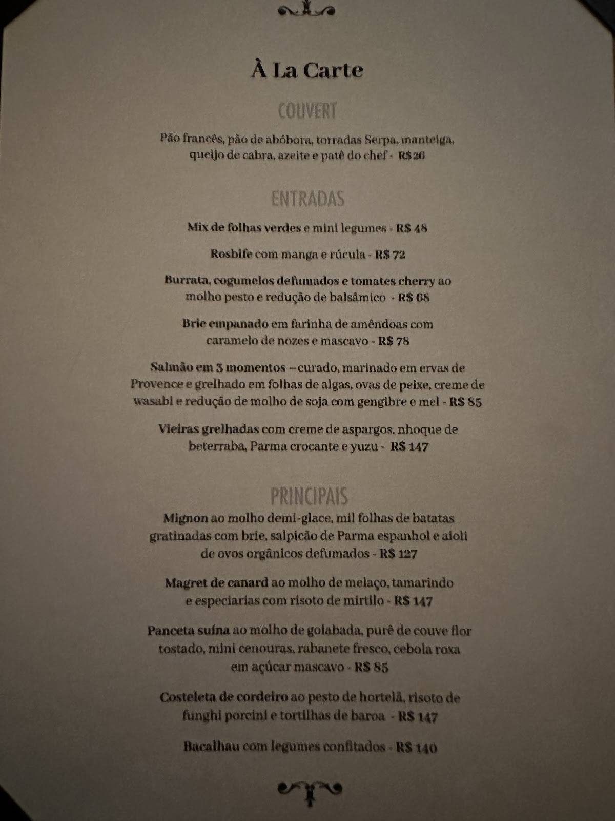 Menu at Julieta Restaurante, Rio de Janeiro, Praia do Flamengo