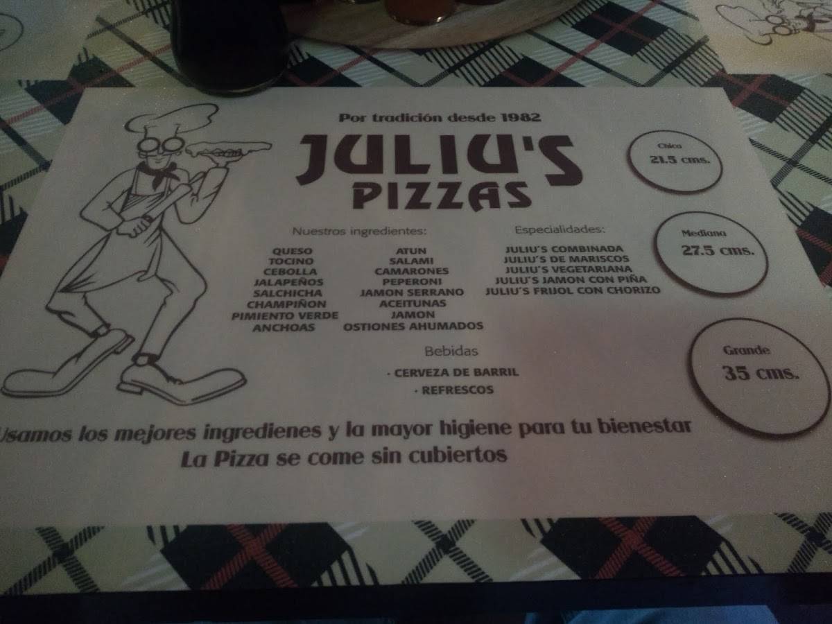Carta de pizzería Julius Pizzas, Ciudad de México, C. Pilares No. 60