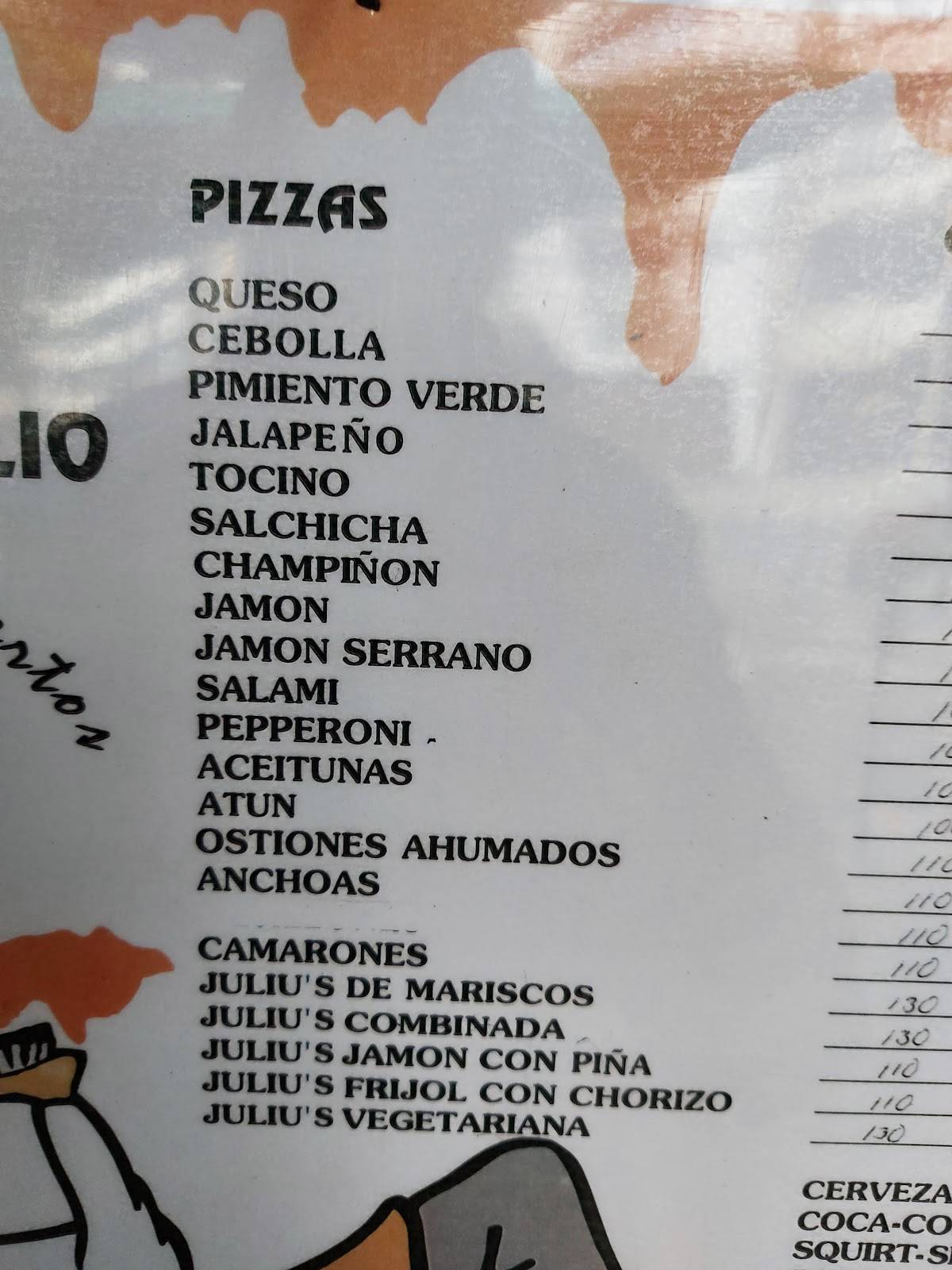 Carta de pizzería Julius Pizzas, Ciudad de México, C. Pilares No. 60