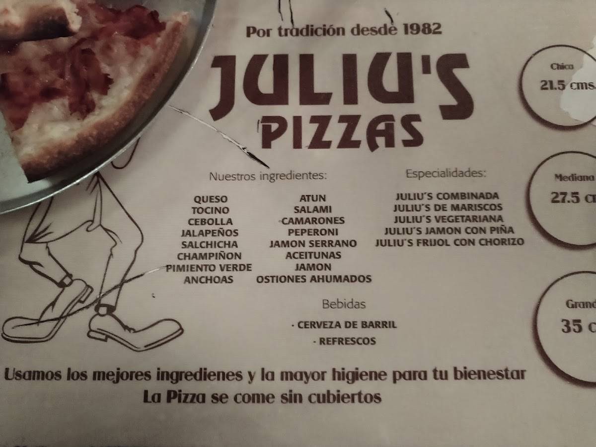 Carta de pizzería Julius Pizzas, Ciudad de México, C. Pilares No. 60