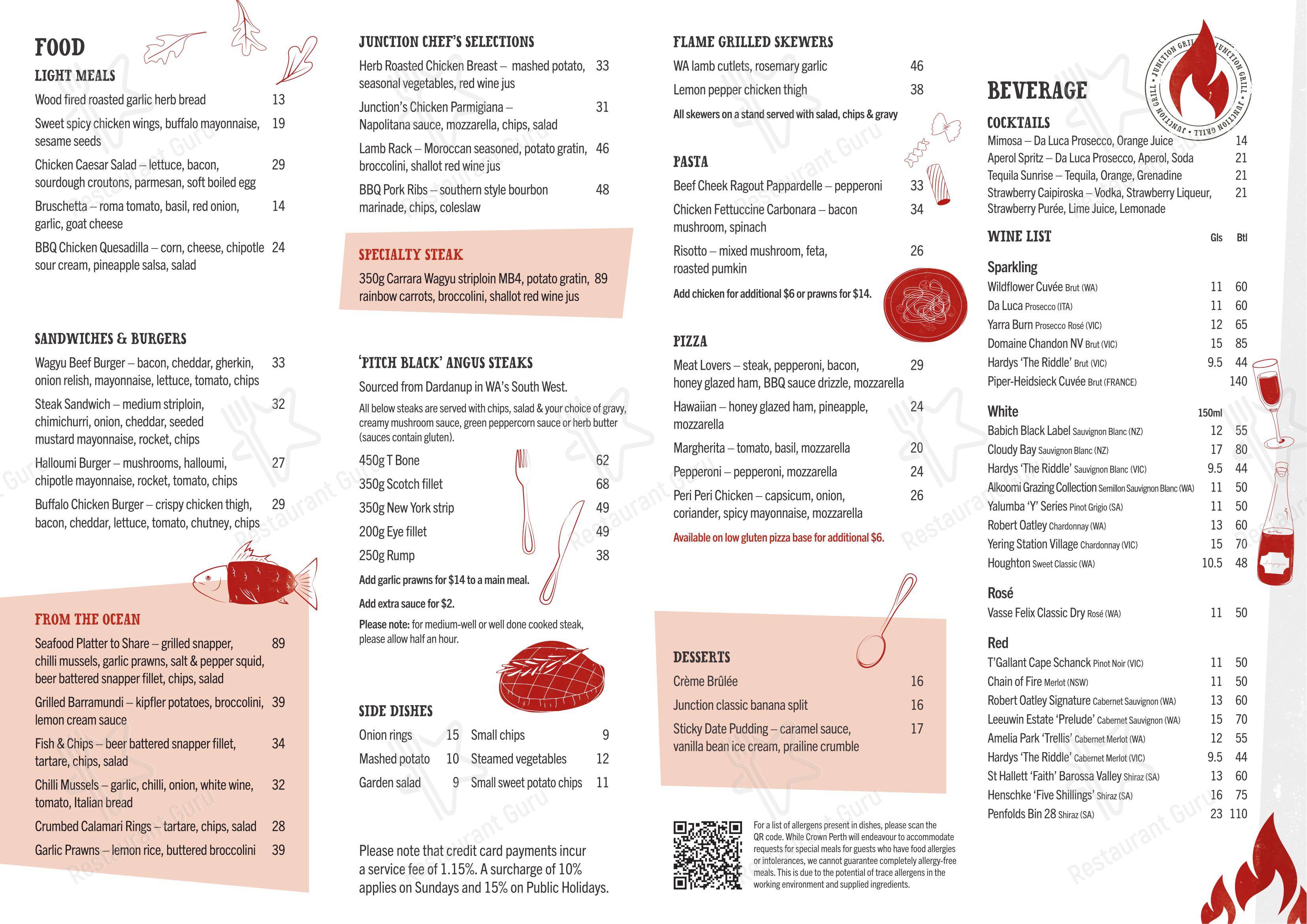 Menu at Junction Grill restaurant, Burswood, Crown Perth