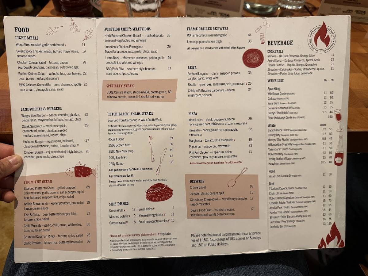 Menu at Junction Grill restaurant, Burswood, Crown Perth