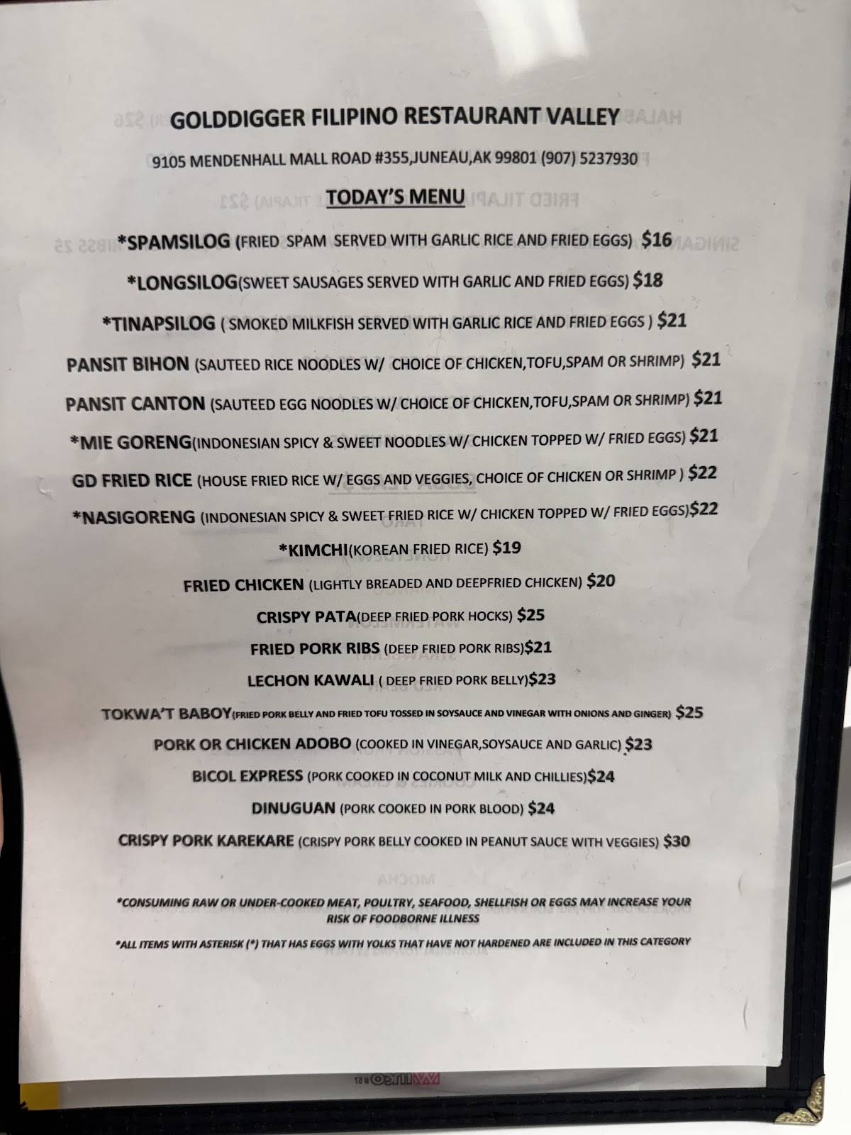 Menu at Gold Digger Filipino Restaurant, Juneau