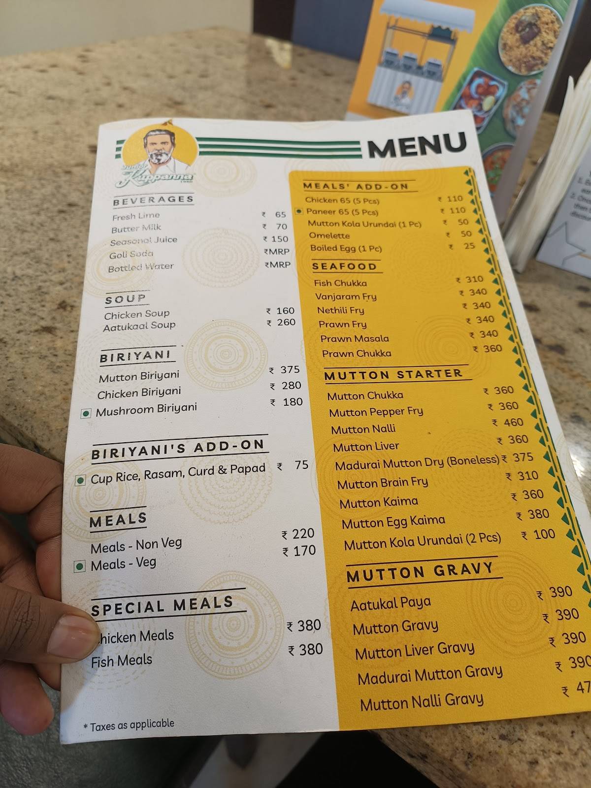 Menu at Junior Kuppanna - Alwarpet, Chennai