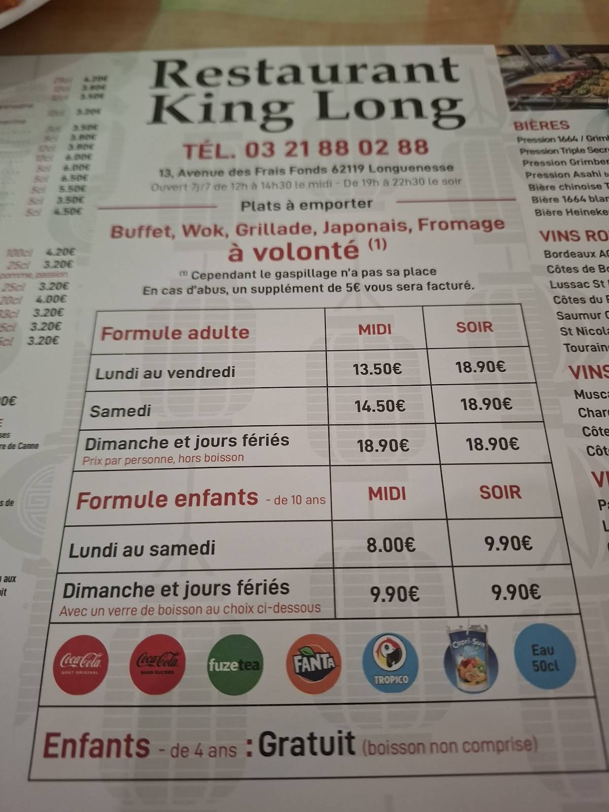 Menu au KING Long restaurant, Longuenesse