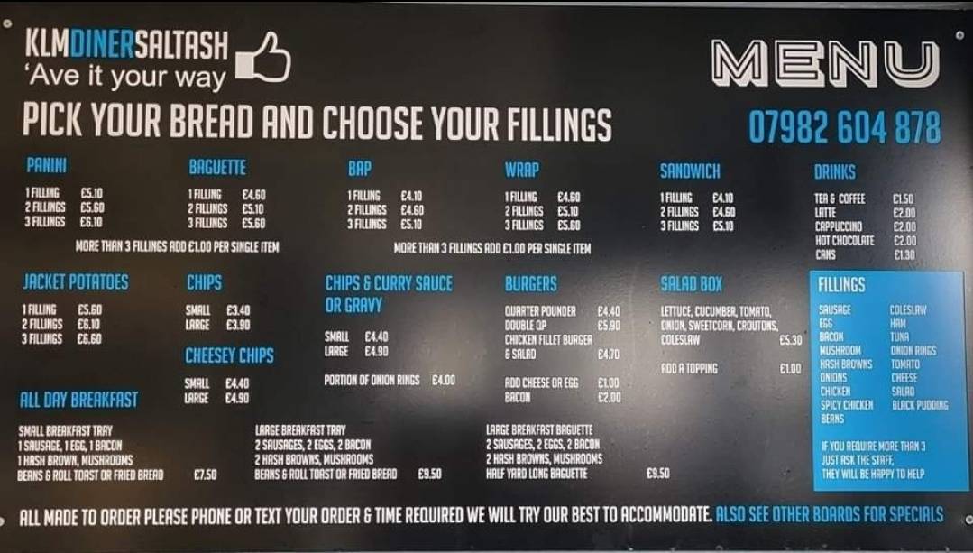 Menu at KLM Diner Saltash restaurant, Saltash