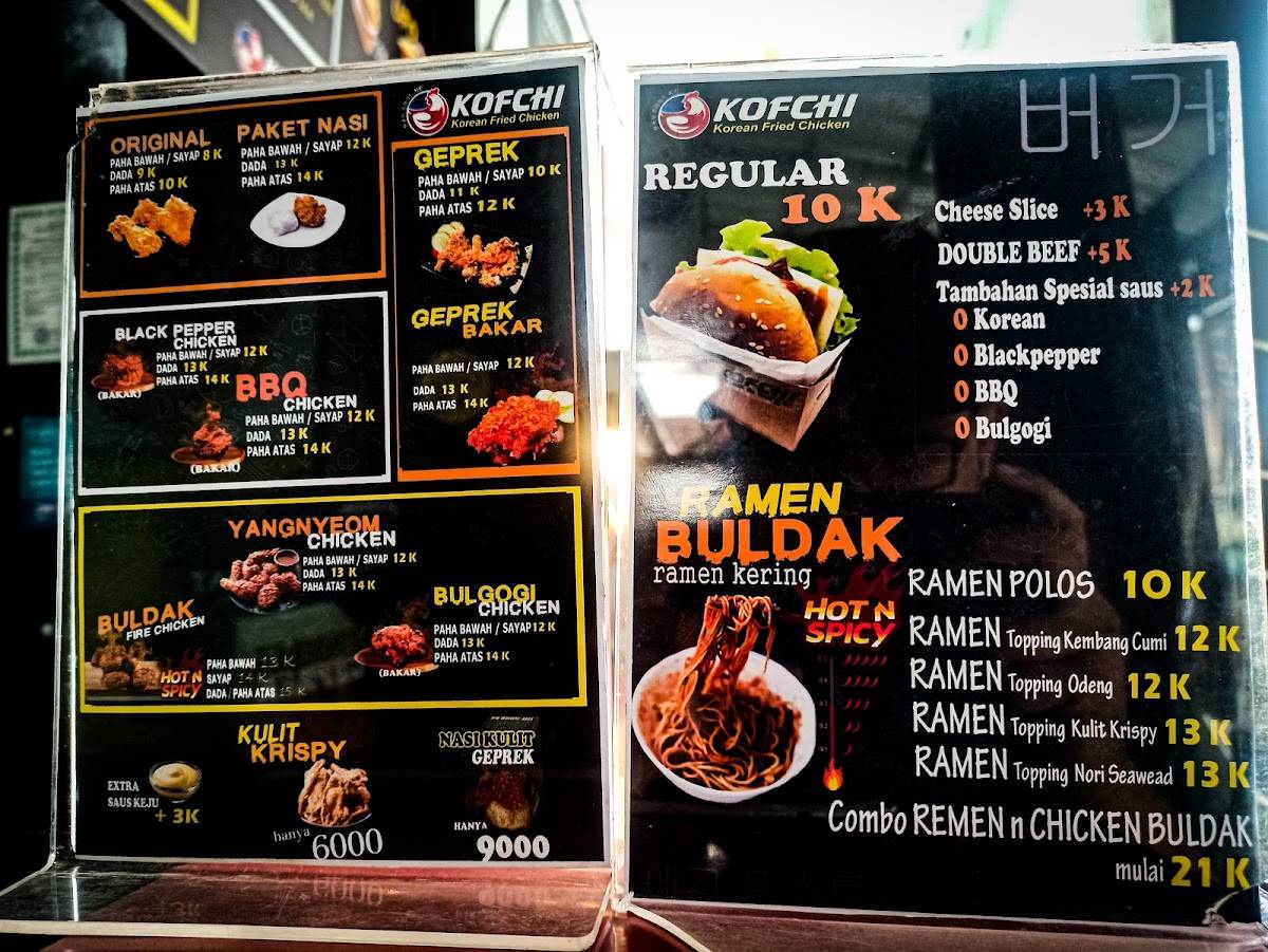 Menu at KOFCHI Korean Fried Chicken restaurant, Indonesia