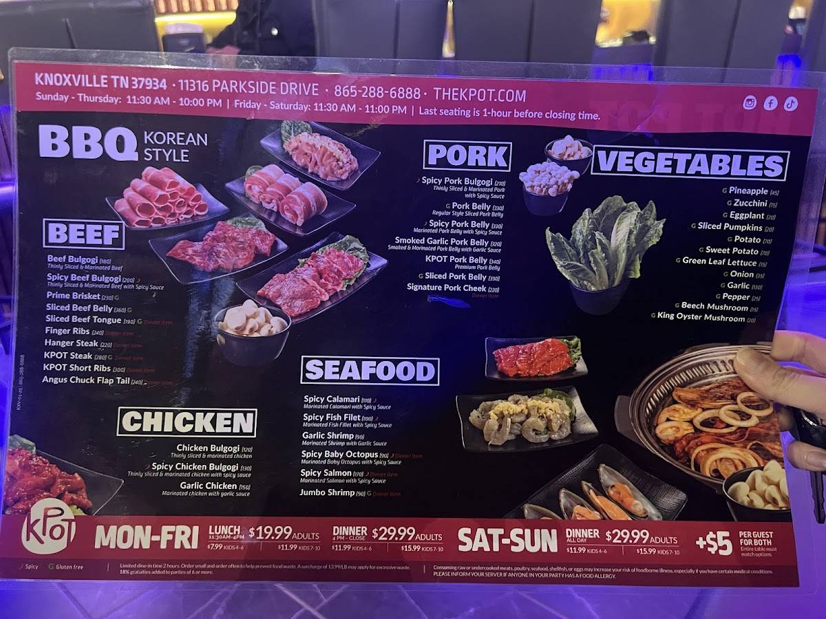 Menu at KPOT Korean BBQ & Hot Pot, Knoxville