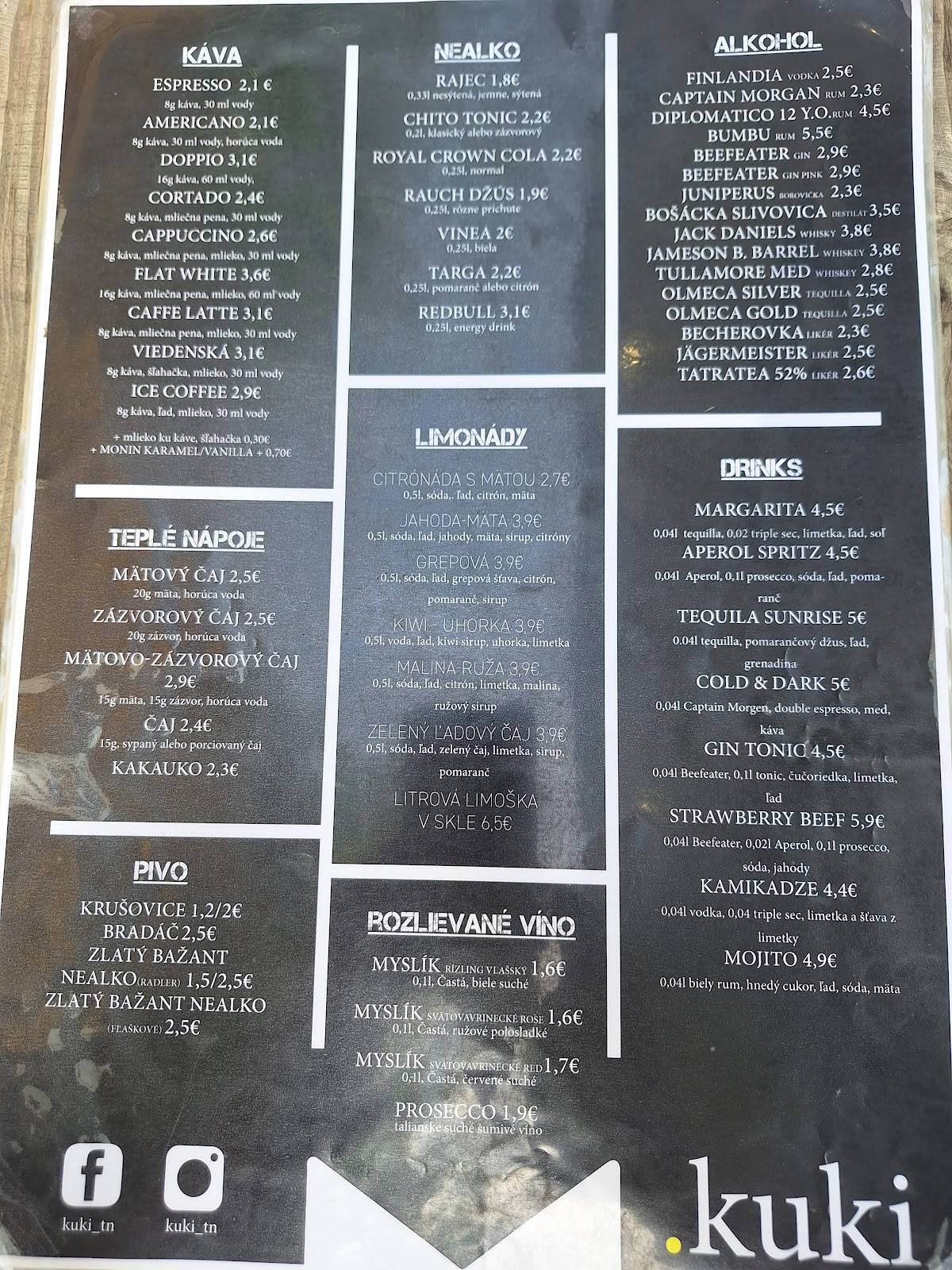 Menu at.KUKI restaurant, Trenčín