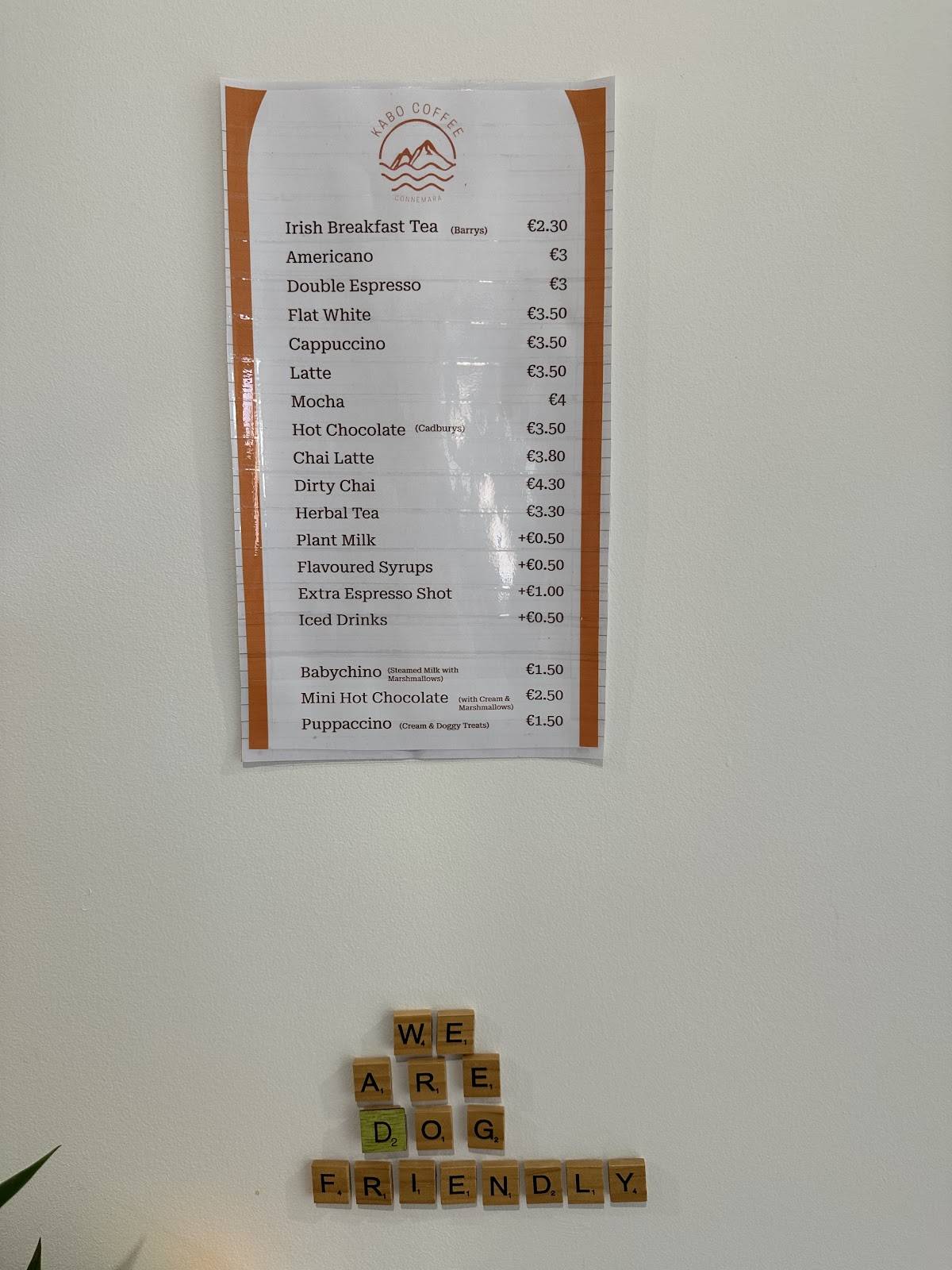 Menu at Kabo Coffee cafe, Letterfrack