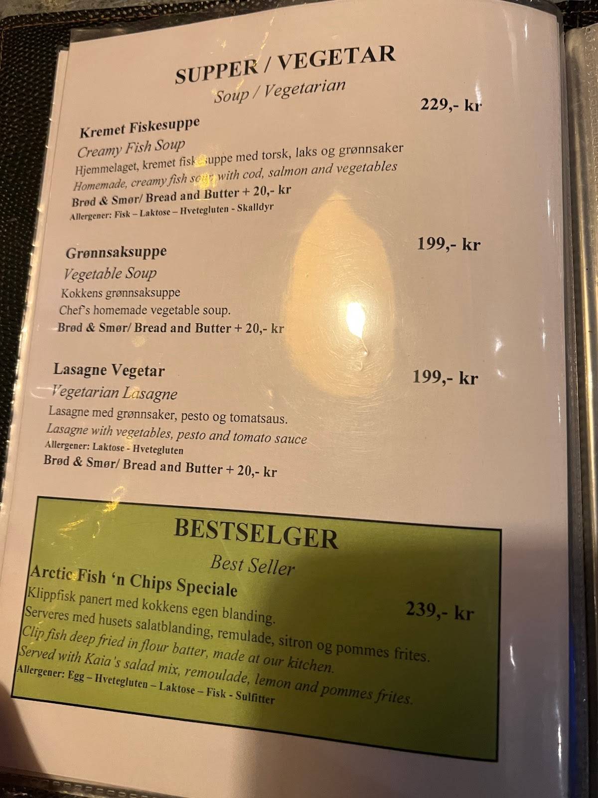 Menu at Kaia pub & bar, Tromsø