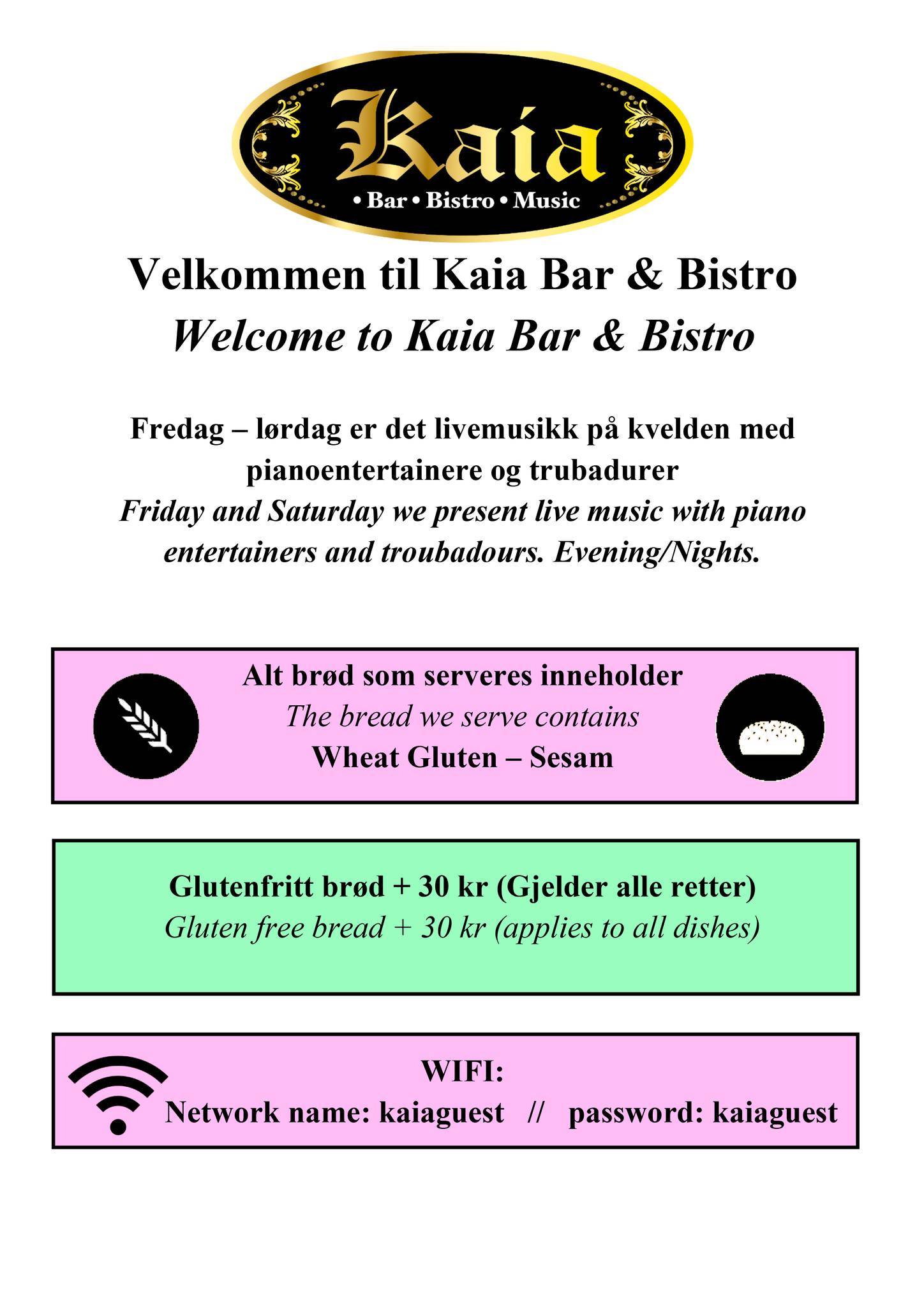 Menu at Kaia pub & bar, Tromsø