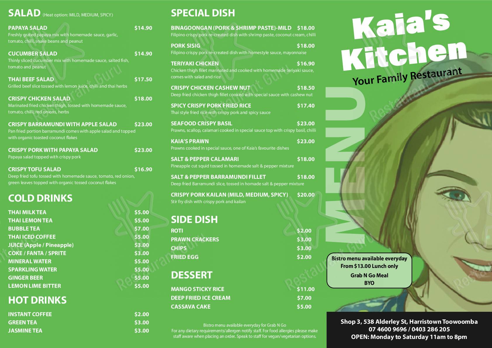 Menu at Kaia's Kitchen restaurant, Harristown