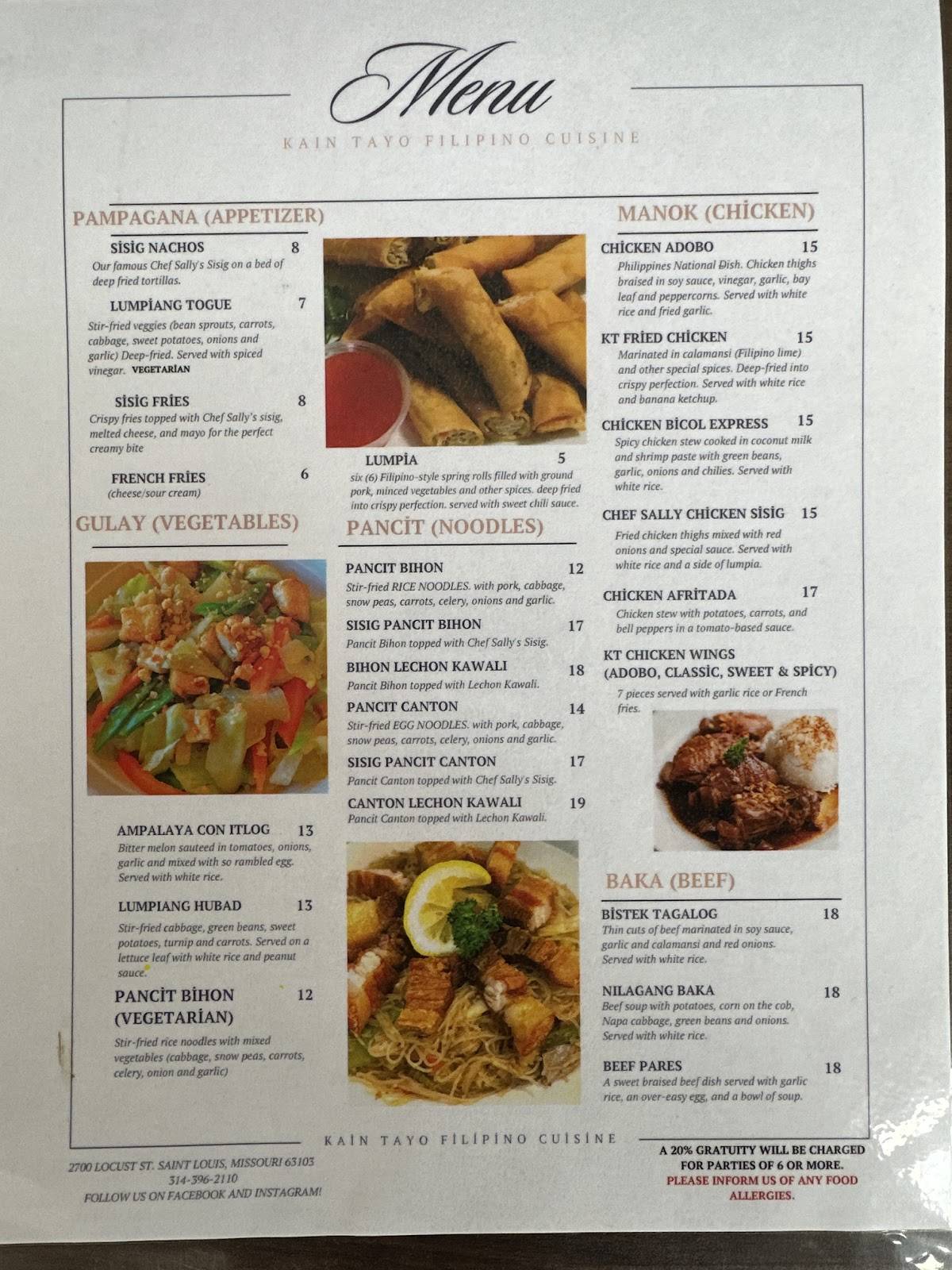 Menu at Kain Tayo Filipino Cuisine Restaurant, St. Louis