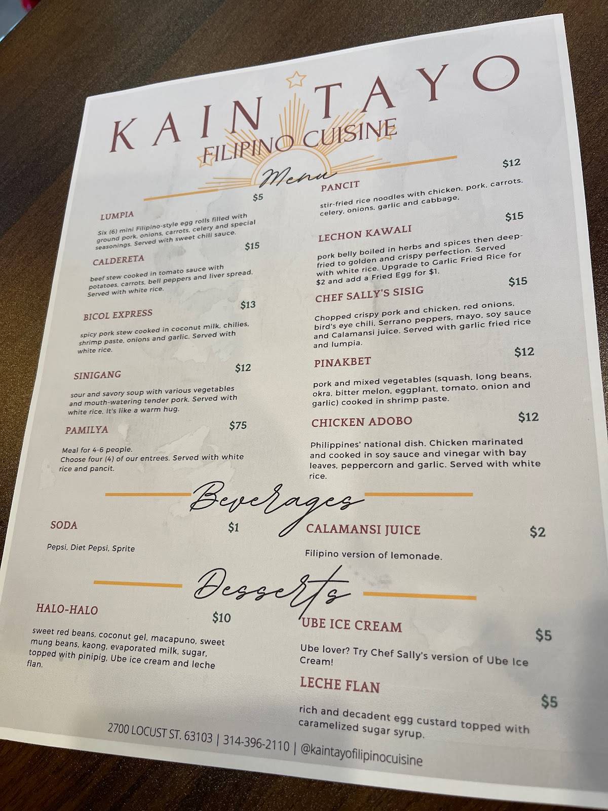 Menu at Kain Tayo Filipino Cuisine Restaurant, St. Louis