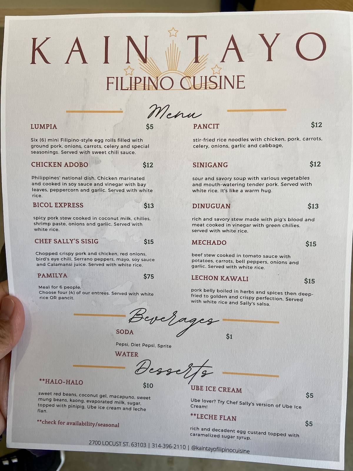 Carta de Kain Tayo Filipino Cuisine Restaurant, San Luis