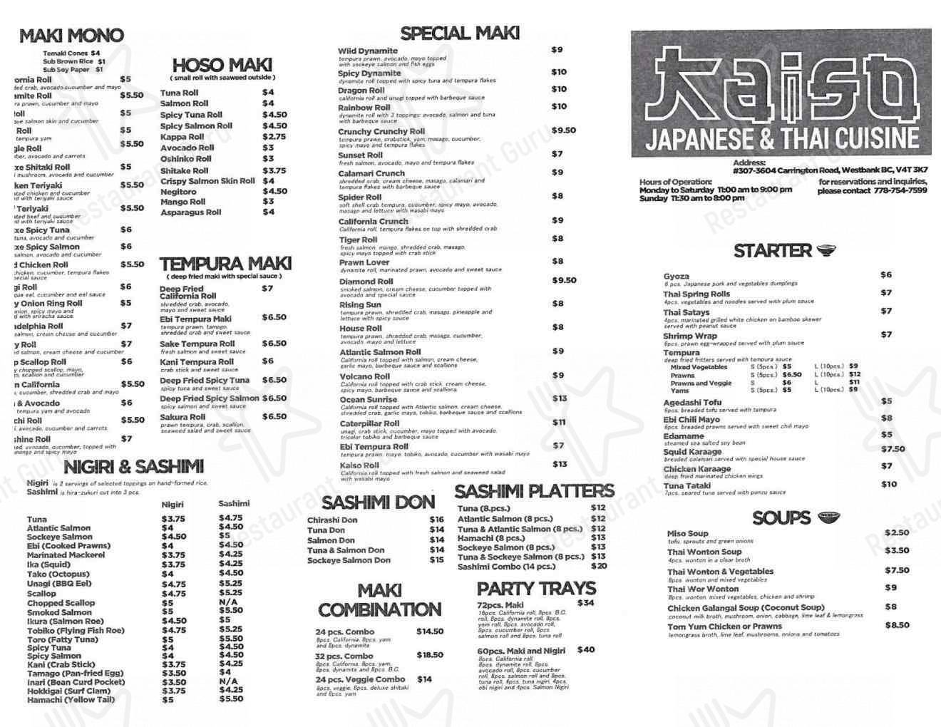 Carta del restaurante Kaiso Japanese and Thai Cuisine, West Kelowna