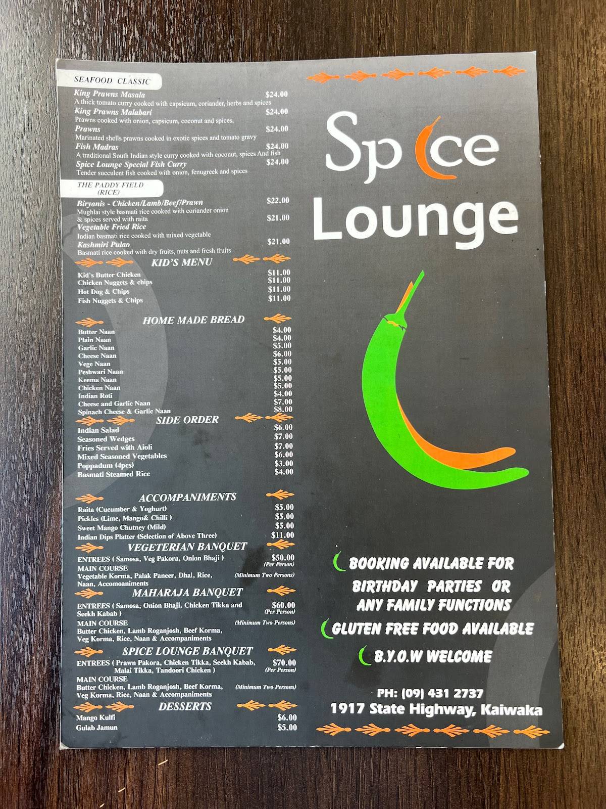 Menu at Spice Lounge restaurant, Kaiwaka