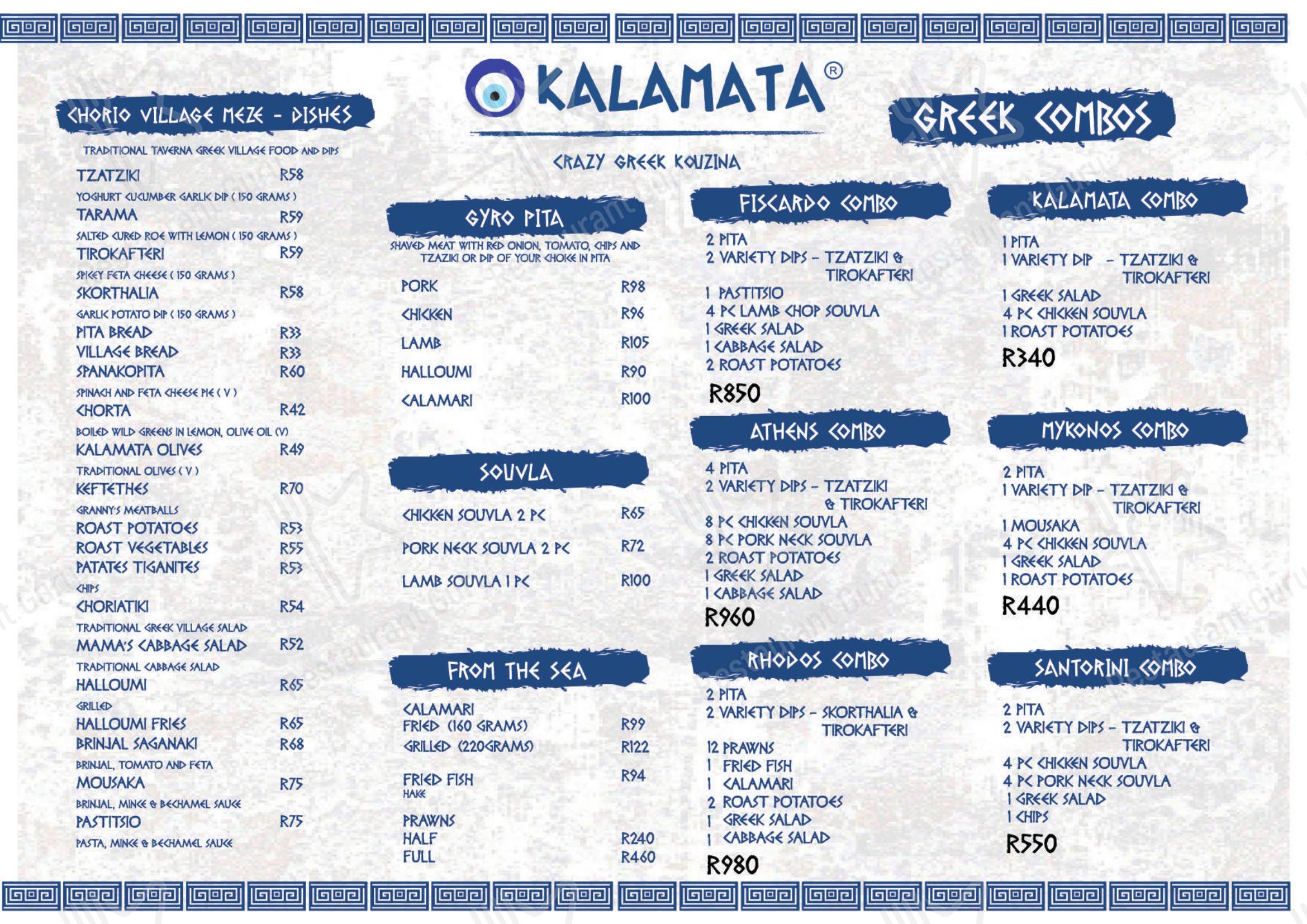 Carta del restaurante Kalamata Kouzina, Durban