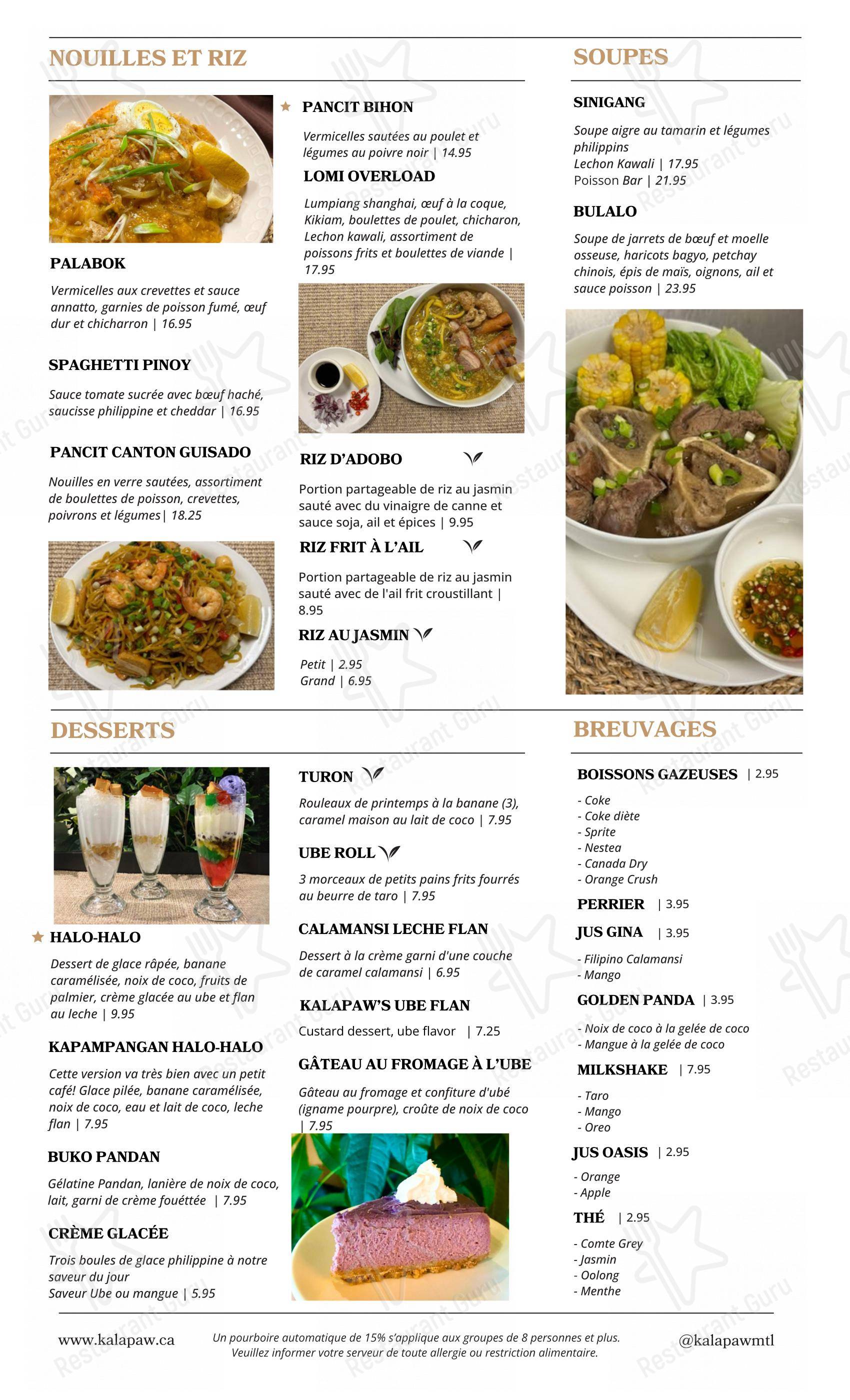 Menu at Kalapaw Cuisine Philippine restaurant, Dollard-Des Ormeaux