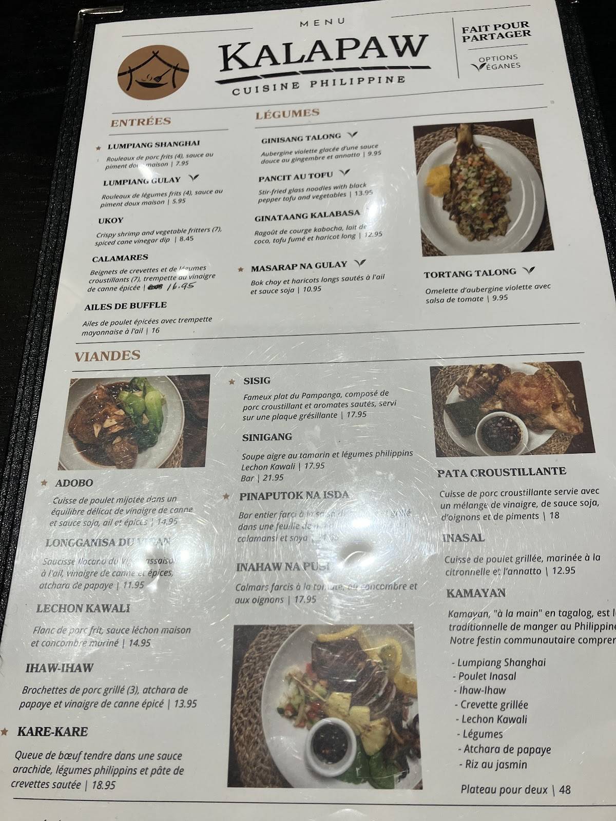 Menu at Kalapaw Cuisine Philippine restaurant, Dollard-Des Ormeaux