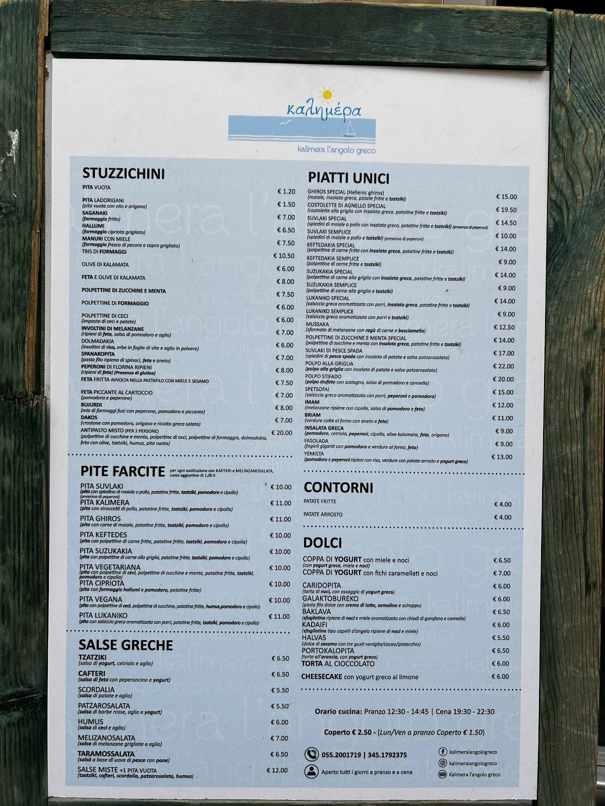 Menu at Kalimera l’angolo greco restaurant, Florence