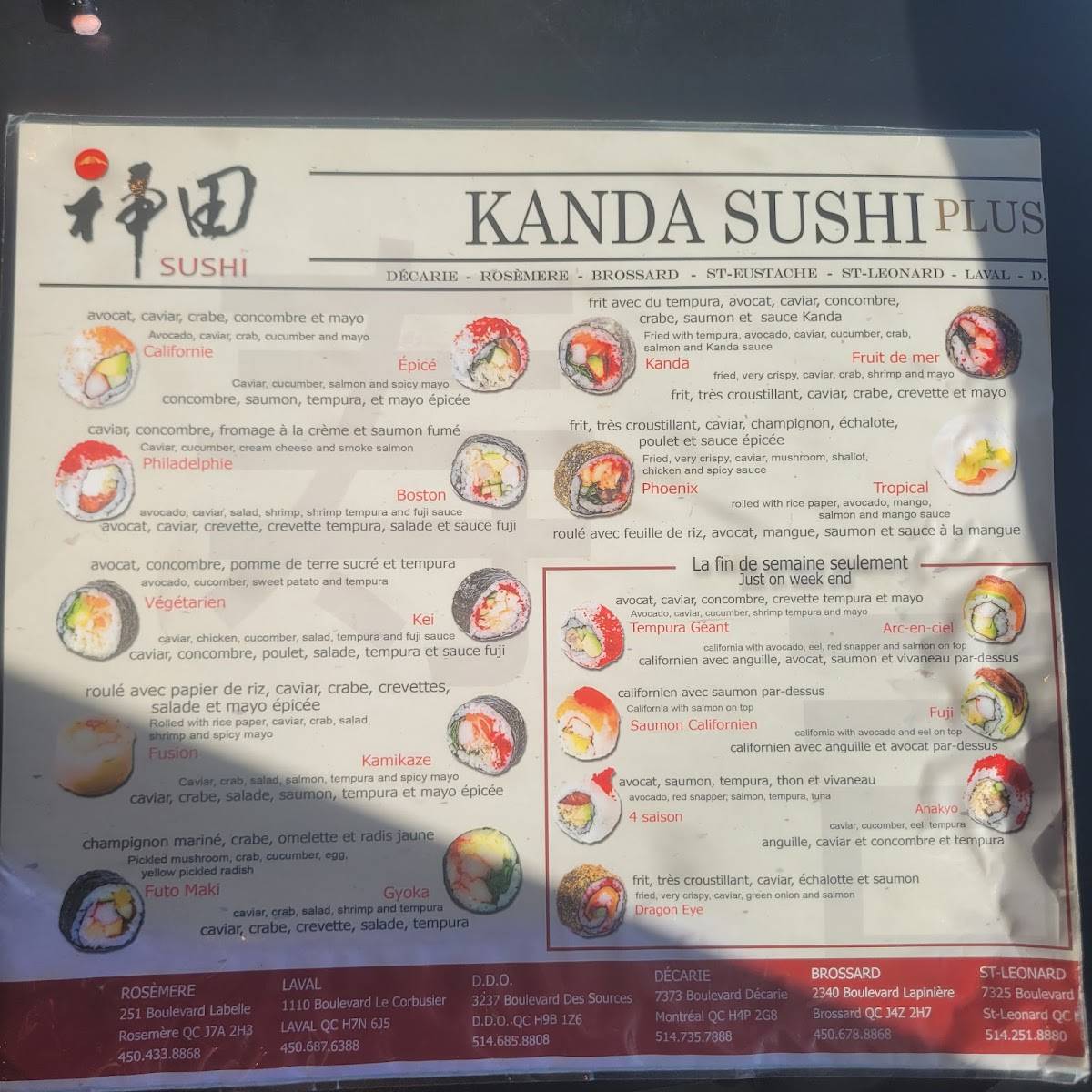 Menu au Kanda sushi restaurant, Laval, Boul. le Corbusier