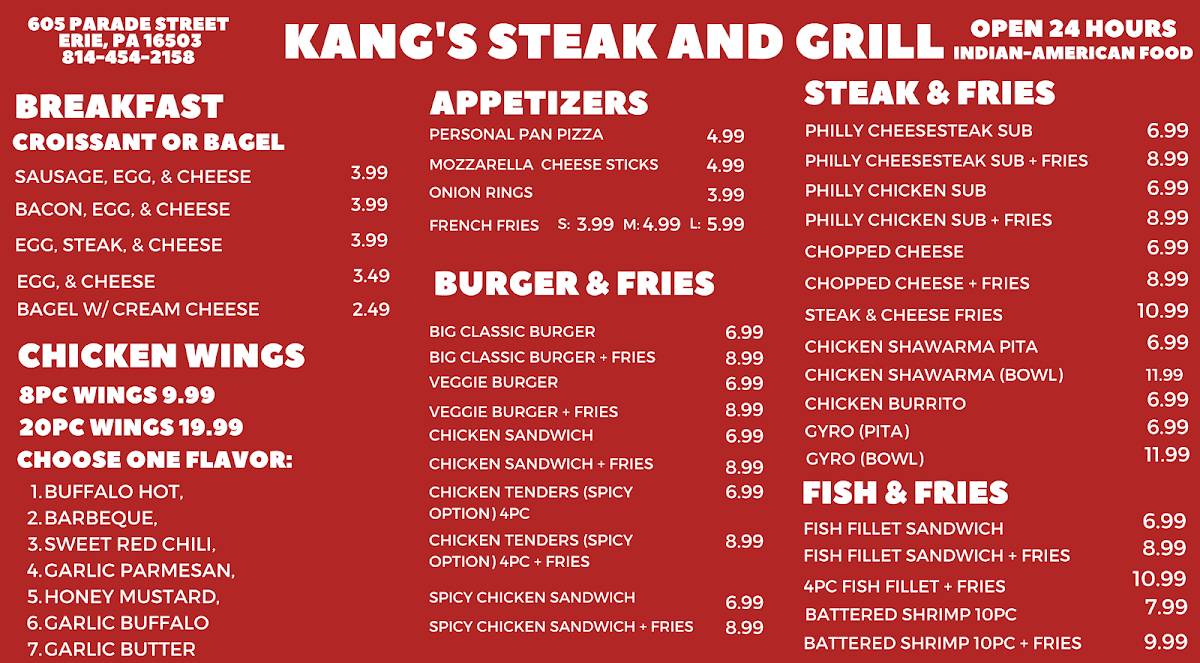 Menu at Kang's Steak and Grill restaurant, Erie