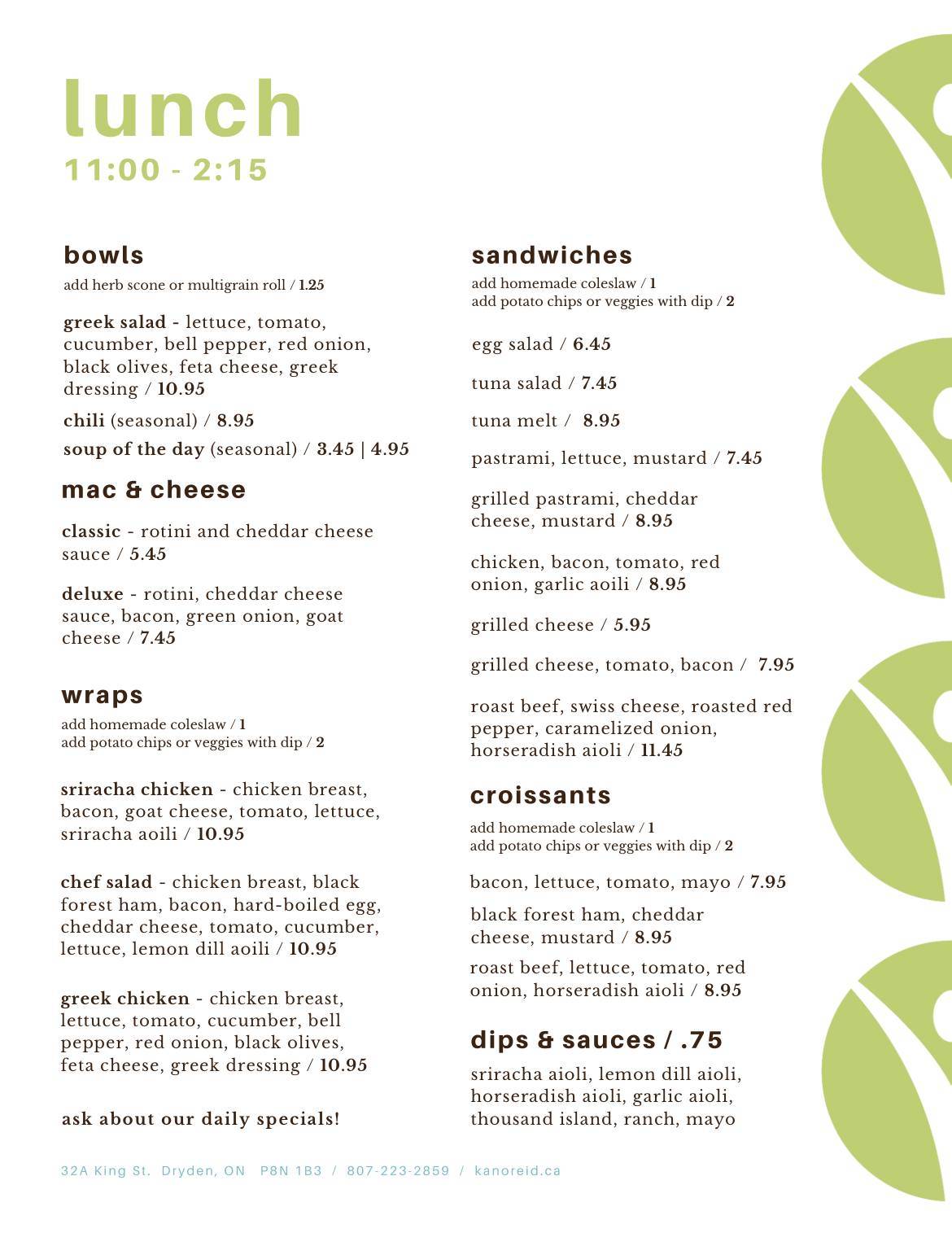 Menu at Kano Reid cafe, Dryden