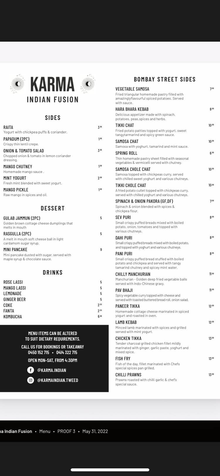 Menu at Karma Indian restaurant, Tweed Heads