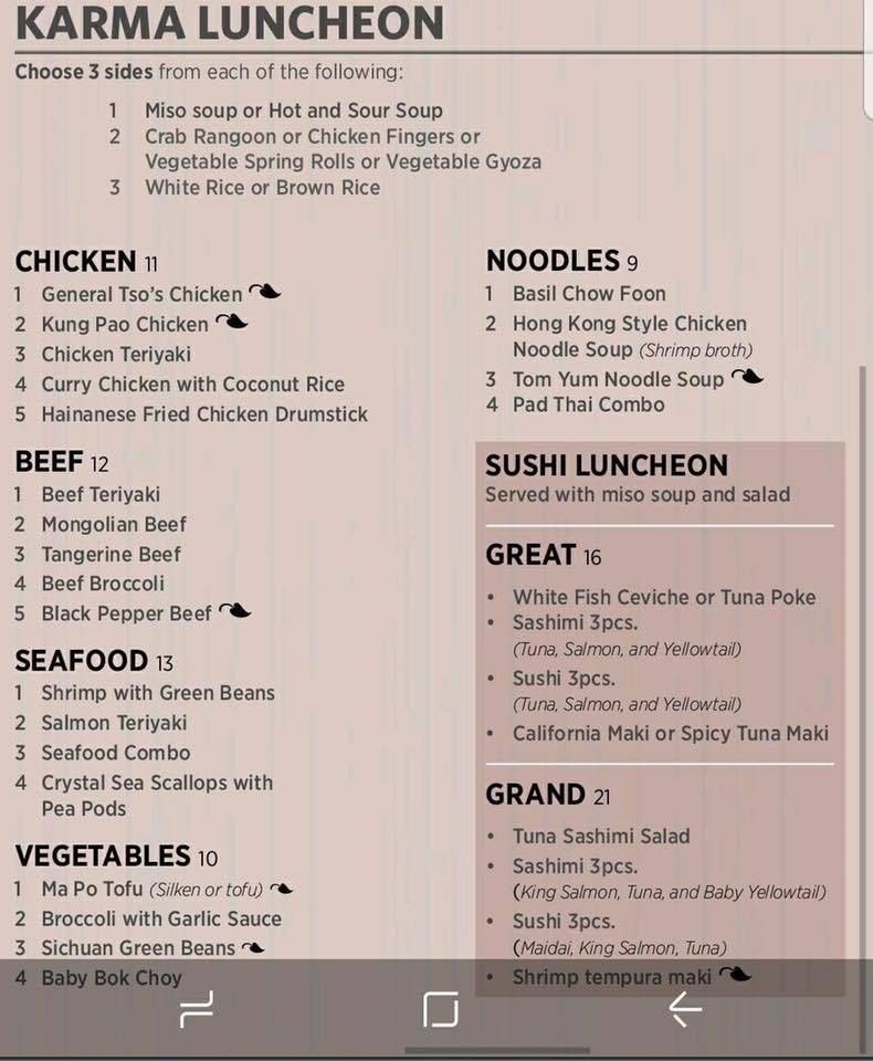 Menu at Karma restaurant, Concord