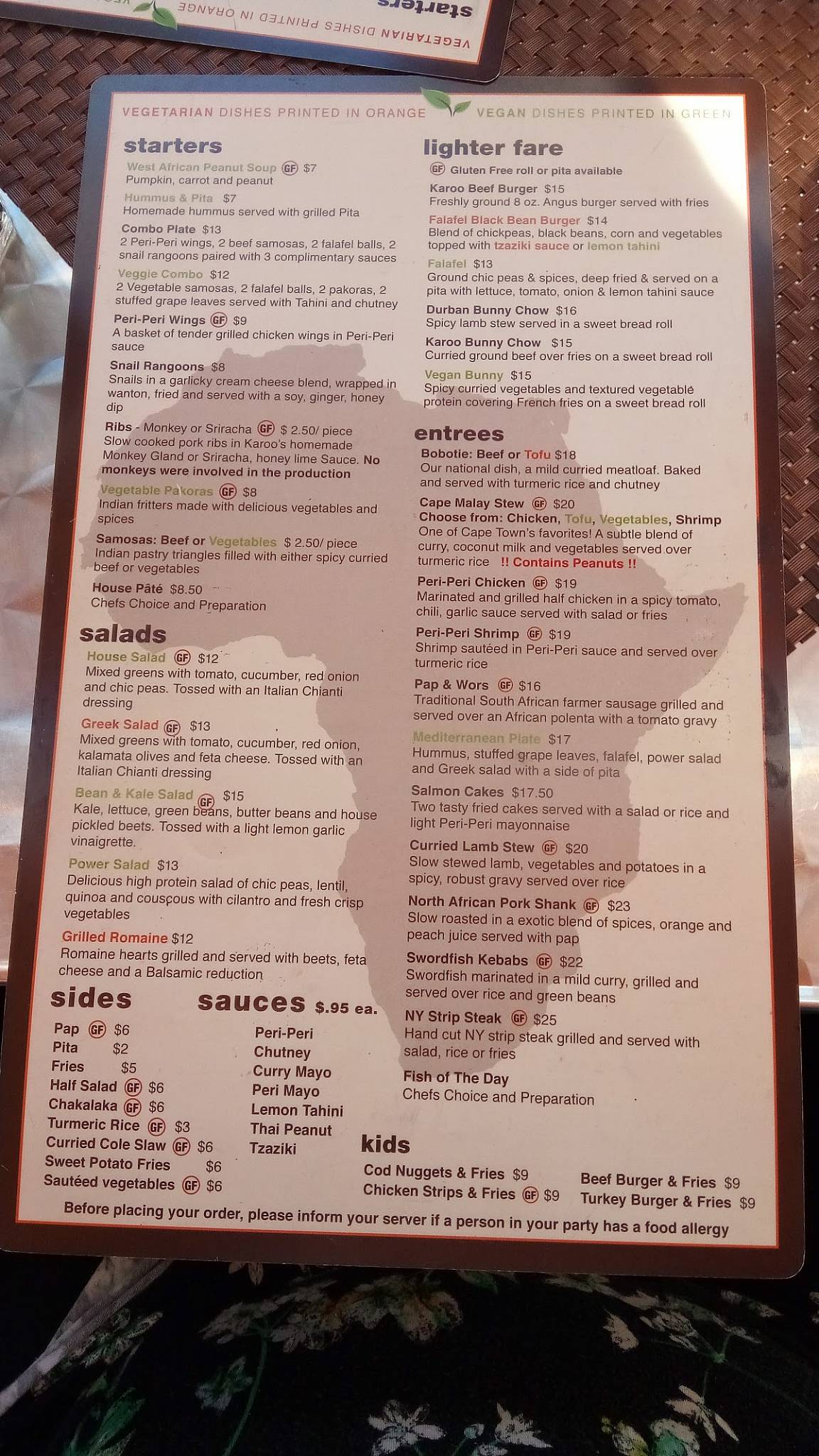 Menu at Karoo Restaurant, Eastham