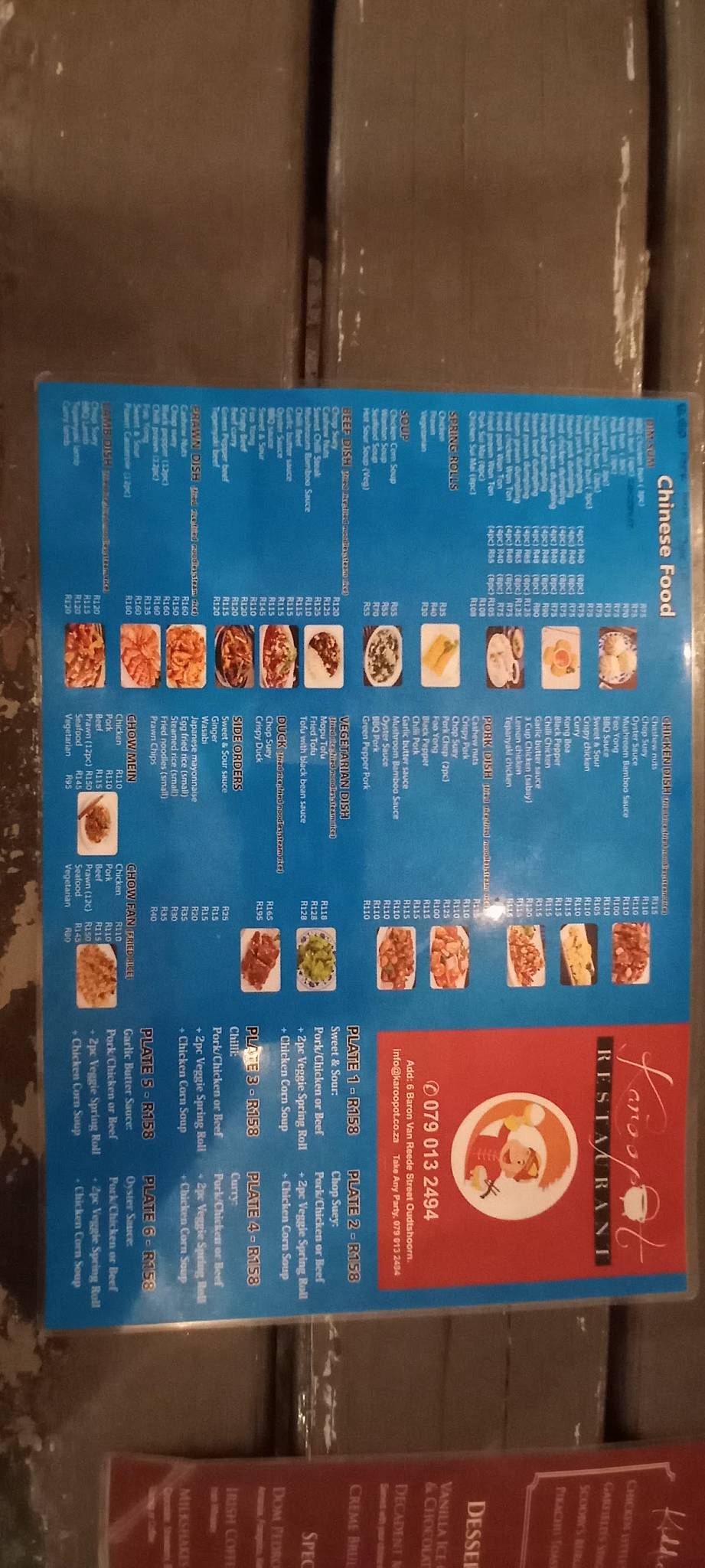 Menu at Karoopot Restaurant, Oudtshoorn