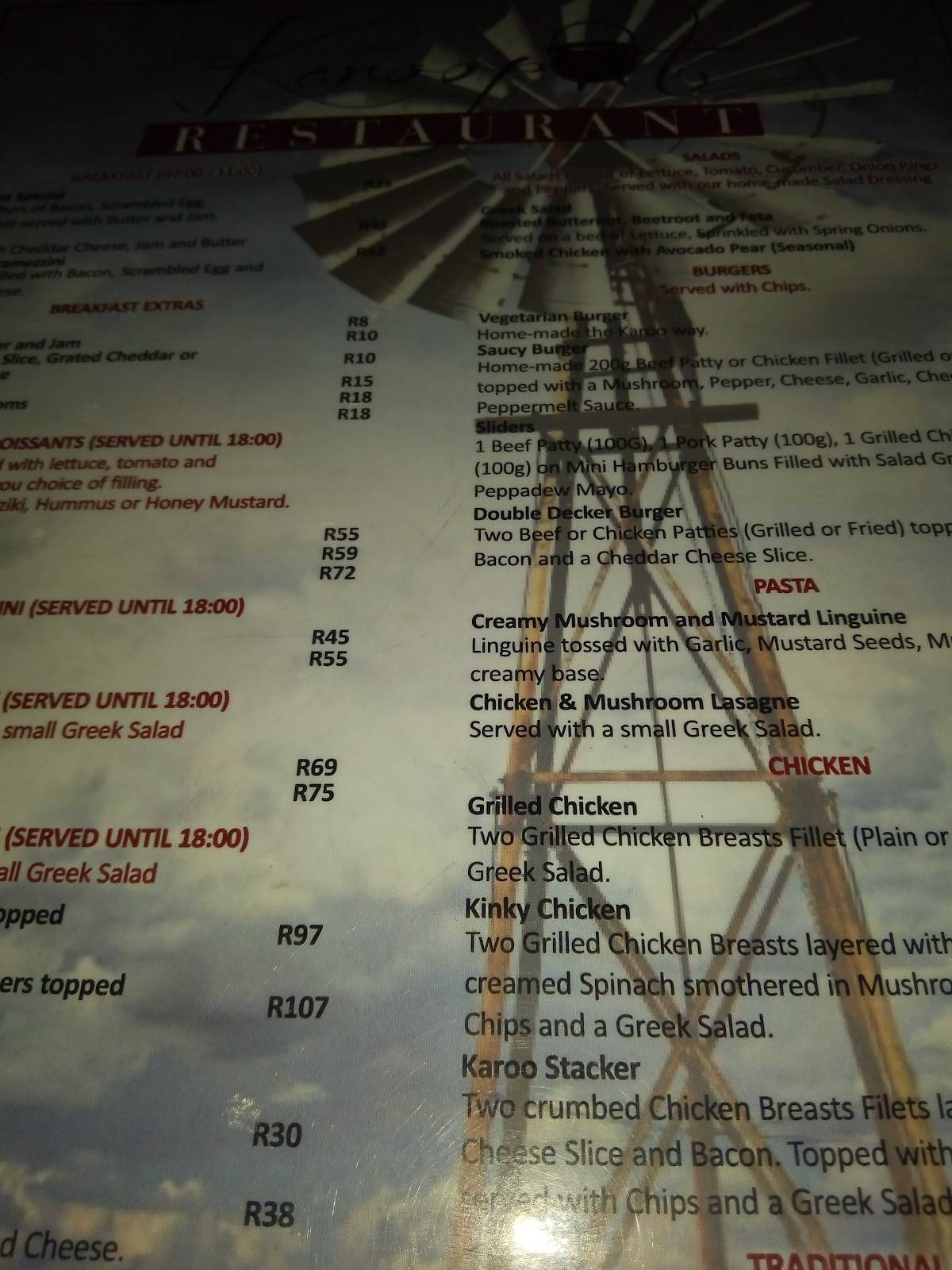 Menu at Karoopot Restaurant, Oudtshoorn