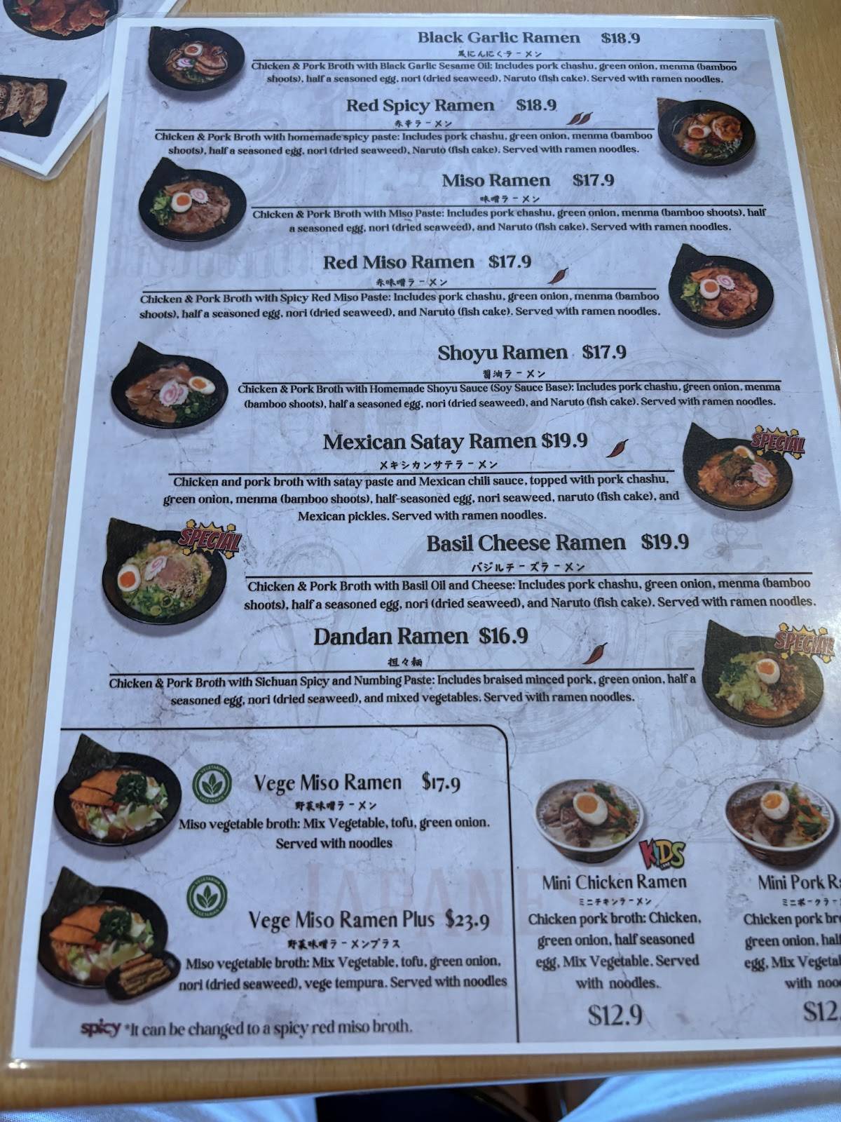 Menu at Katana Ramen restaurant, Heathridge