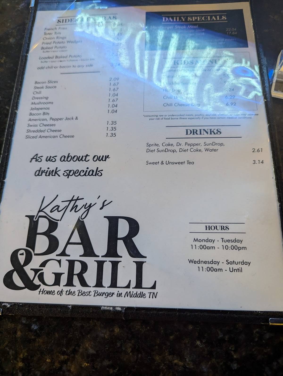 Menu at Kathy's Bar & Grill, Pulaski