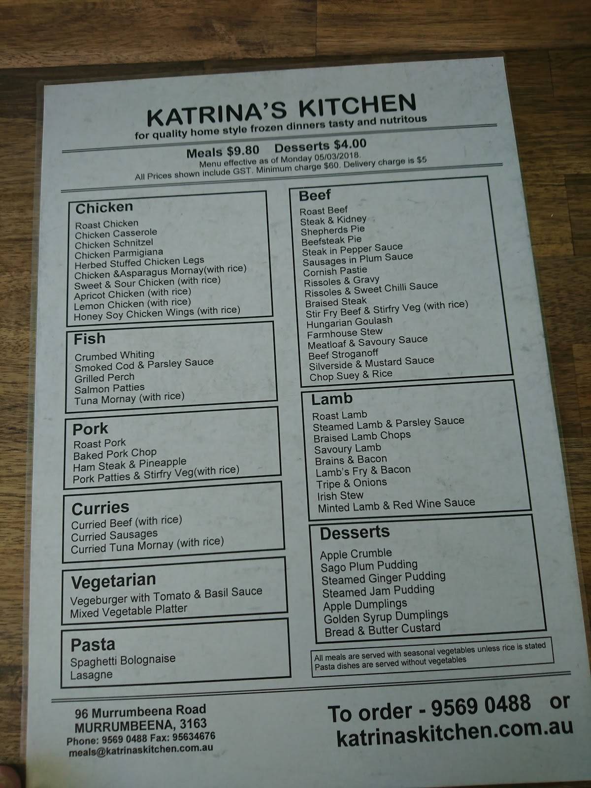 Menu at Katrina's Kitchen restaurant, Murrumbeena