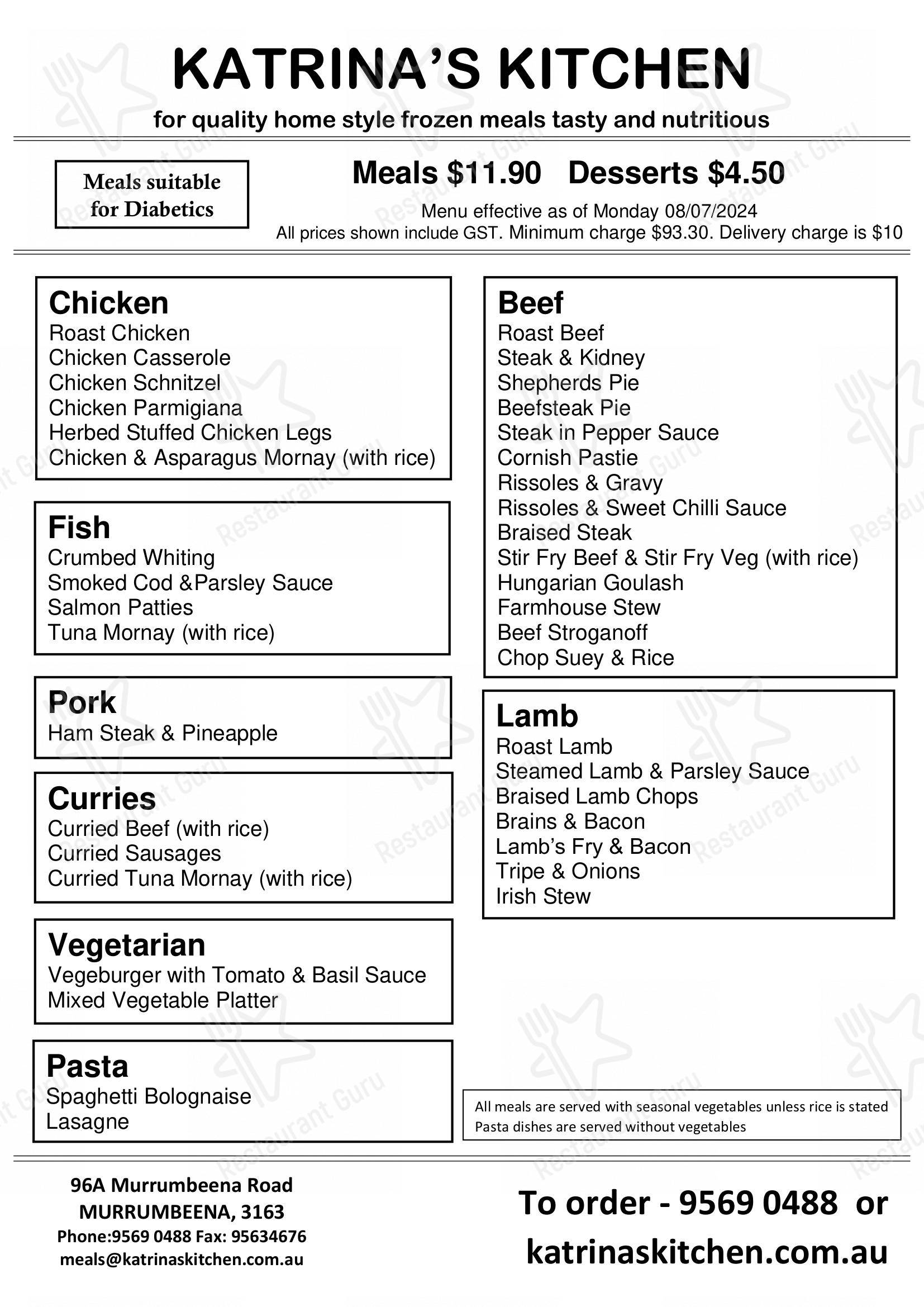 Menu at Katrina's Kitchen restaurant, Murrumbeena