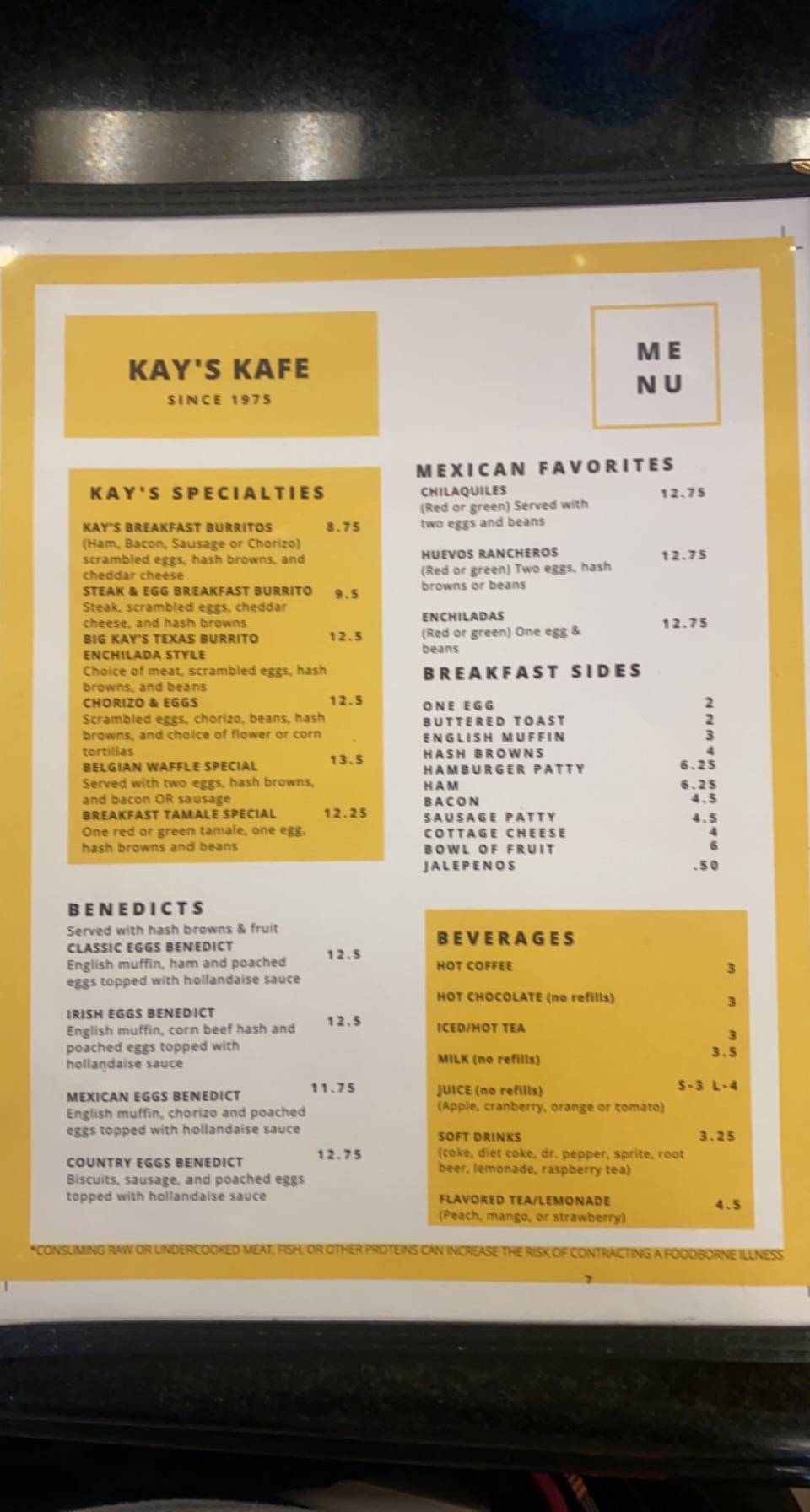 Menu at Kay's Kafe cafe, Phoenix