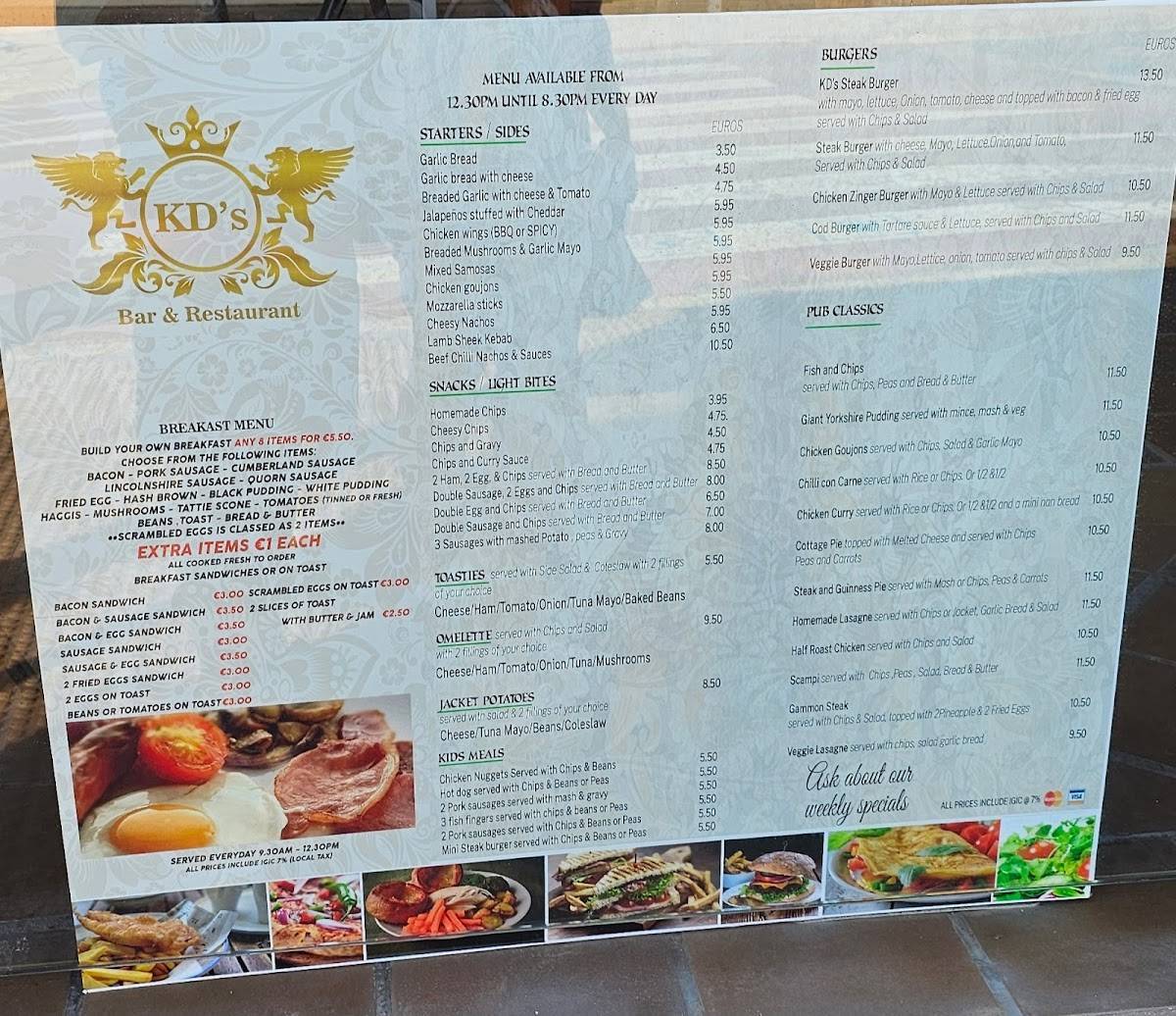 Menu at Kd's Bar & Restaurant, Castillo Caleta de Fuste