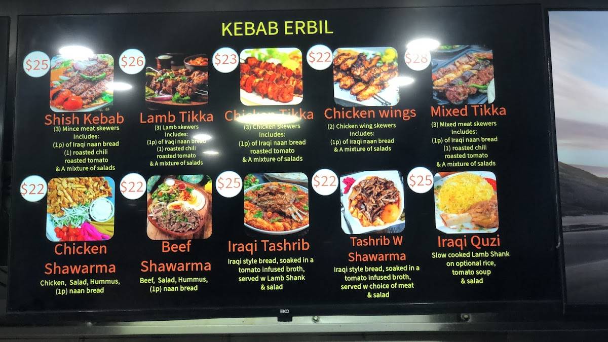 Menu at Kebab Erbil restaurant, Wagga Wagga