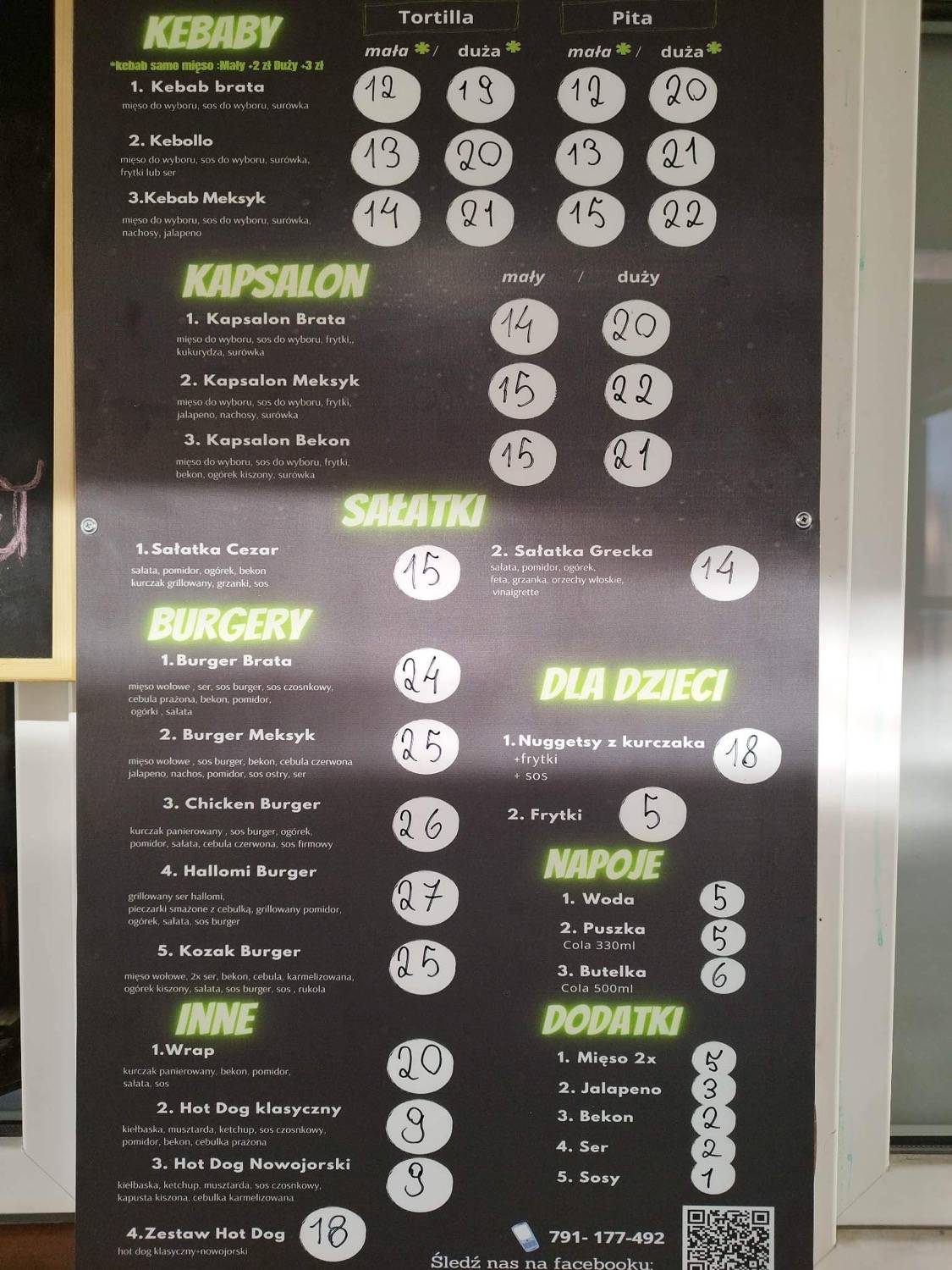 Menu at Kebab u Braci, Krzywcza