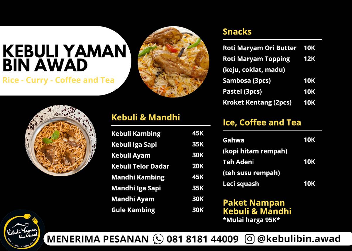 Carta del restaurante Kebuli Yaman bin Awad, Sentul City, Sumur Batu