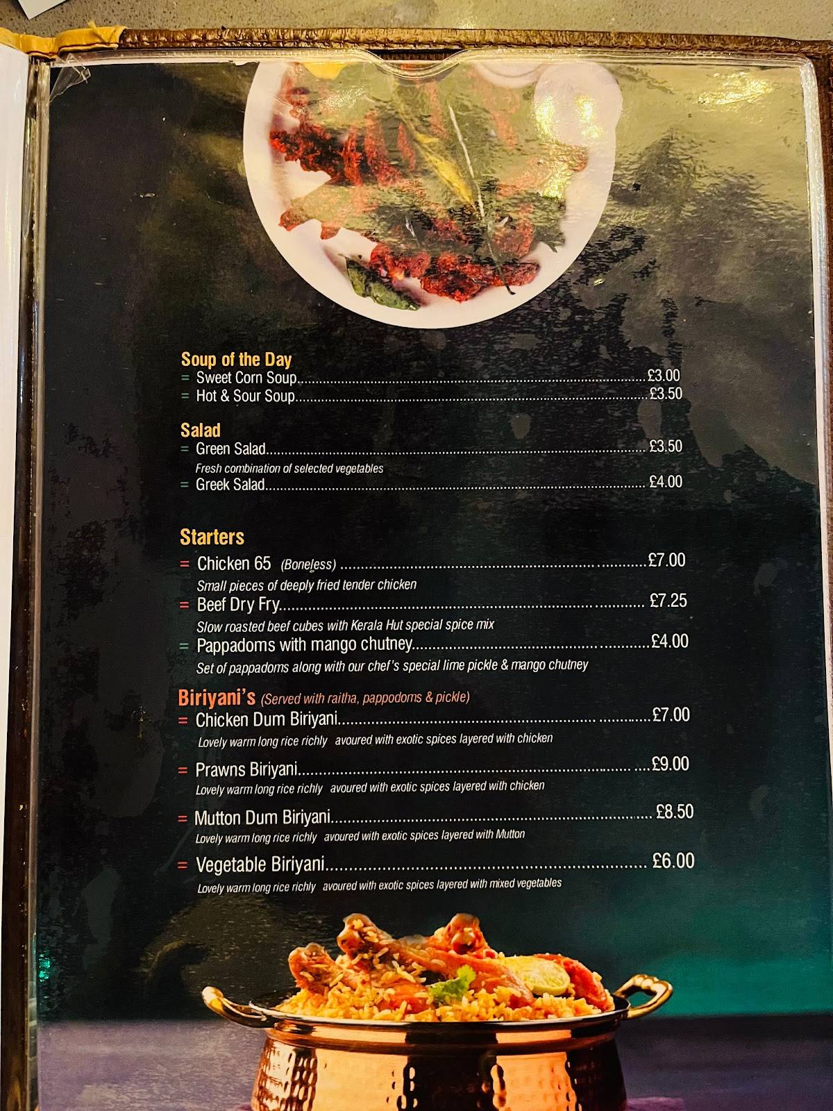 Menu at Kerala Hut restaurant, Luton