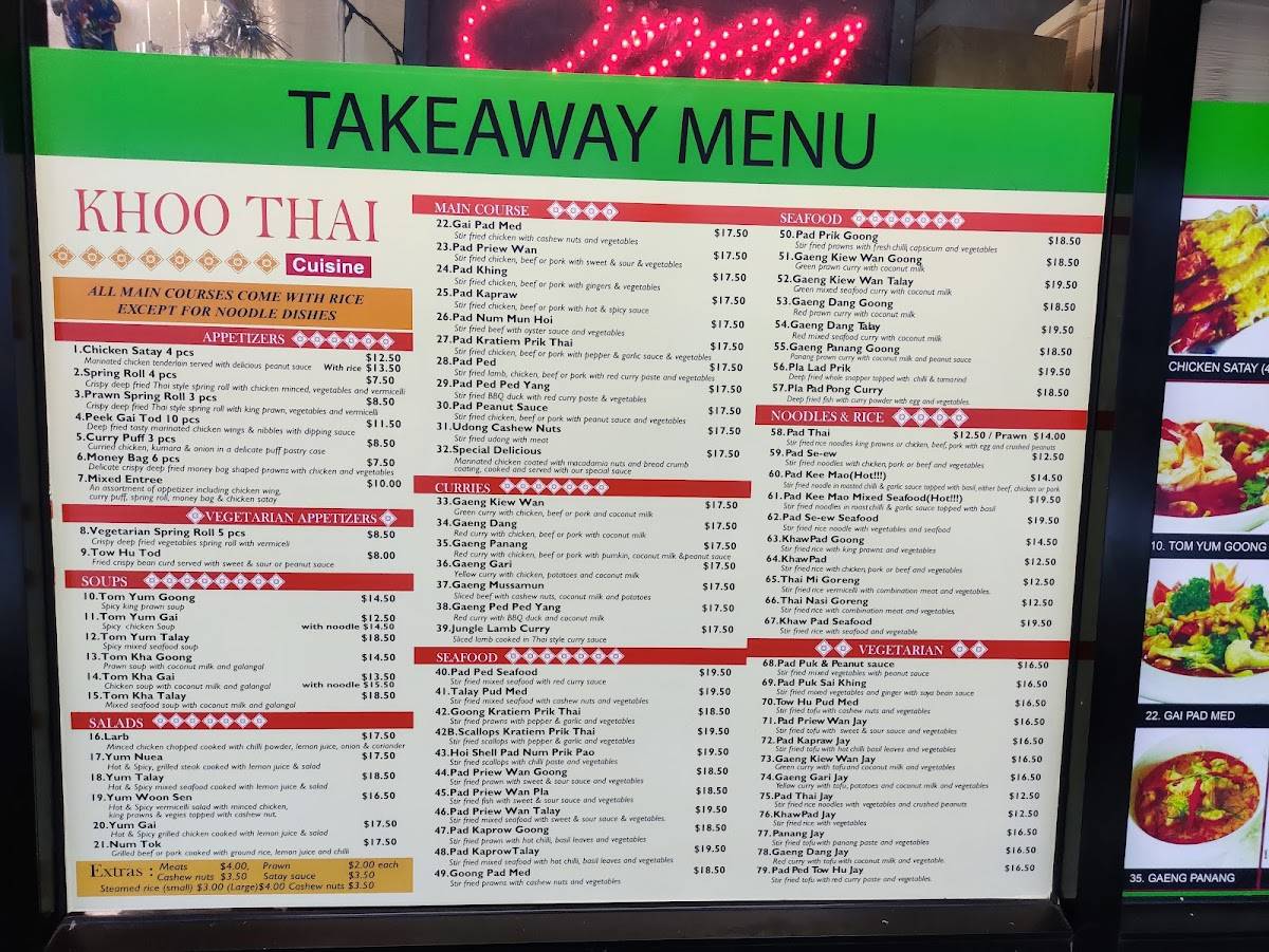 Menu at Khoo Thai Takeaway fast food, Auckland