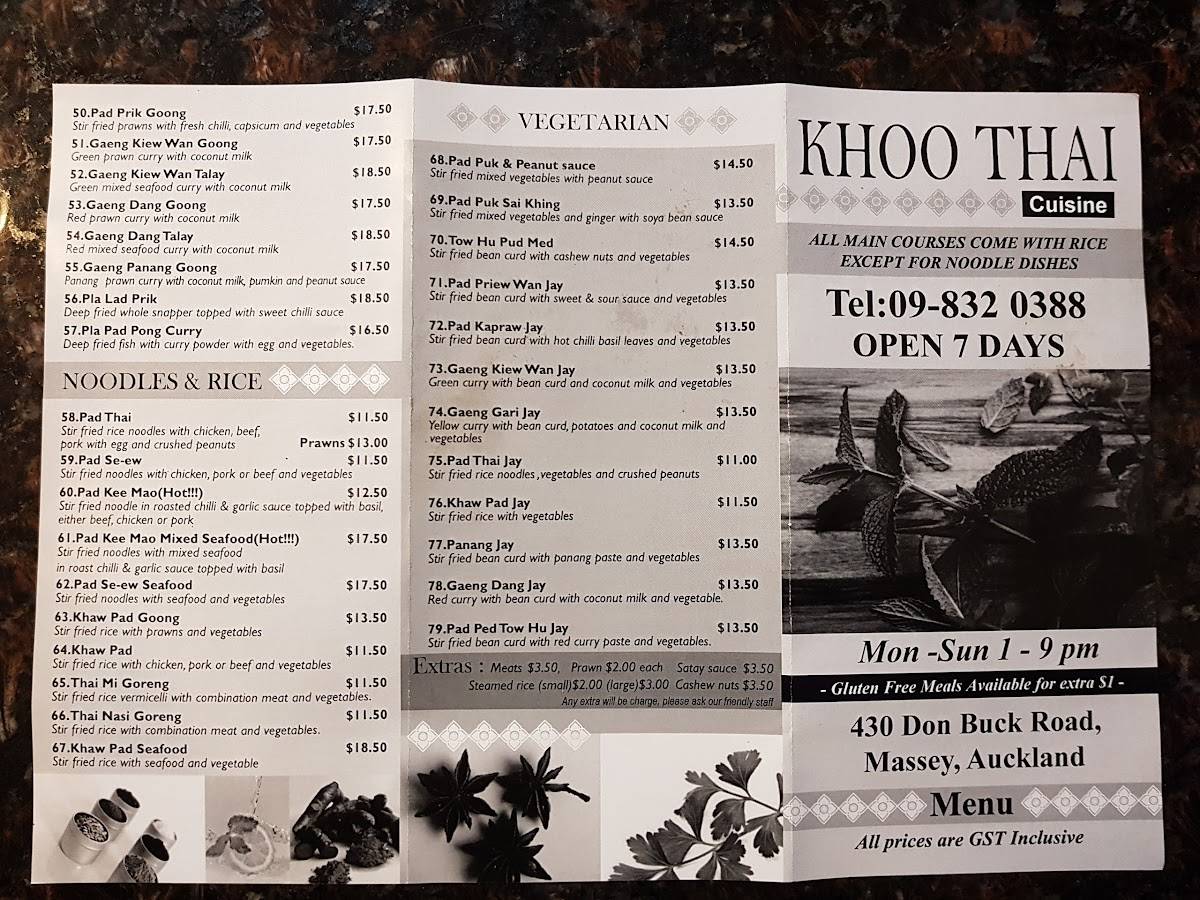 Menu at Khoo Thai Takeaway fast food, Auckland